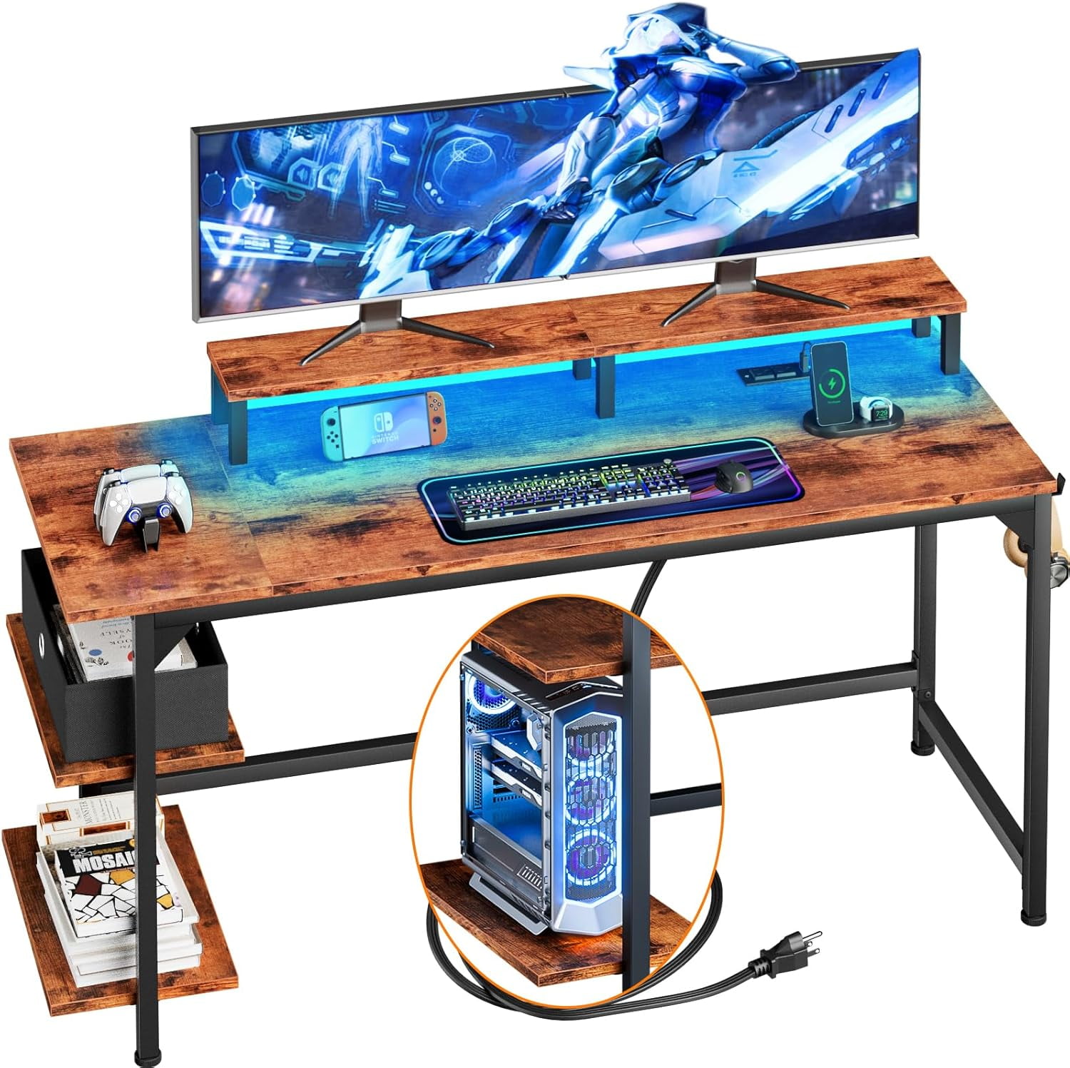 Furologee Computer Desk with Charging Station and LED Lights, 55 ...