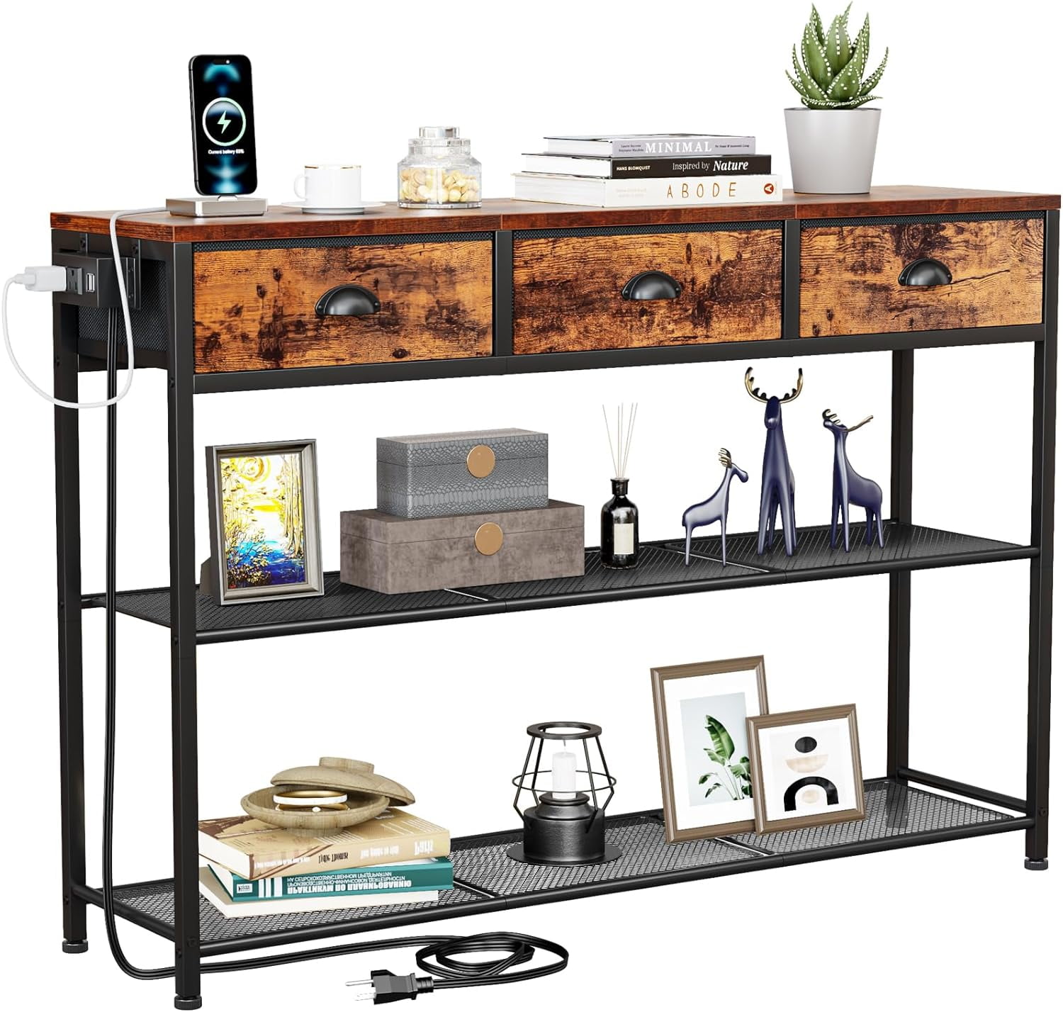 Furologee Console Table with Charging Station & 3 Fabric Drawers, 38 ...