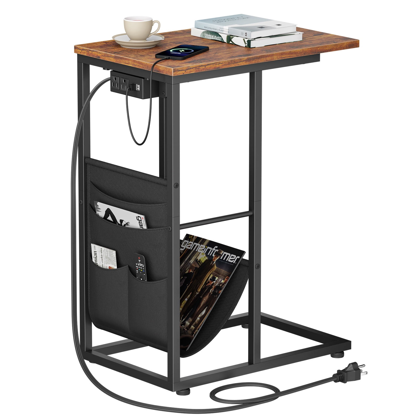 Furologee End Table, C Shaped Side Table with Charging Station, Sofa ...