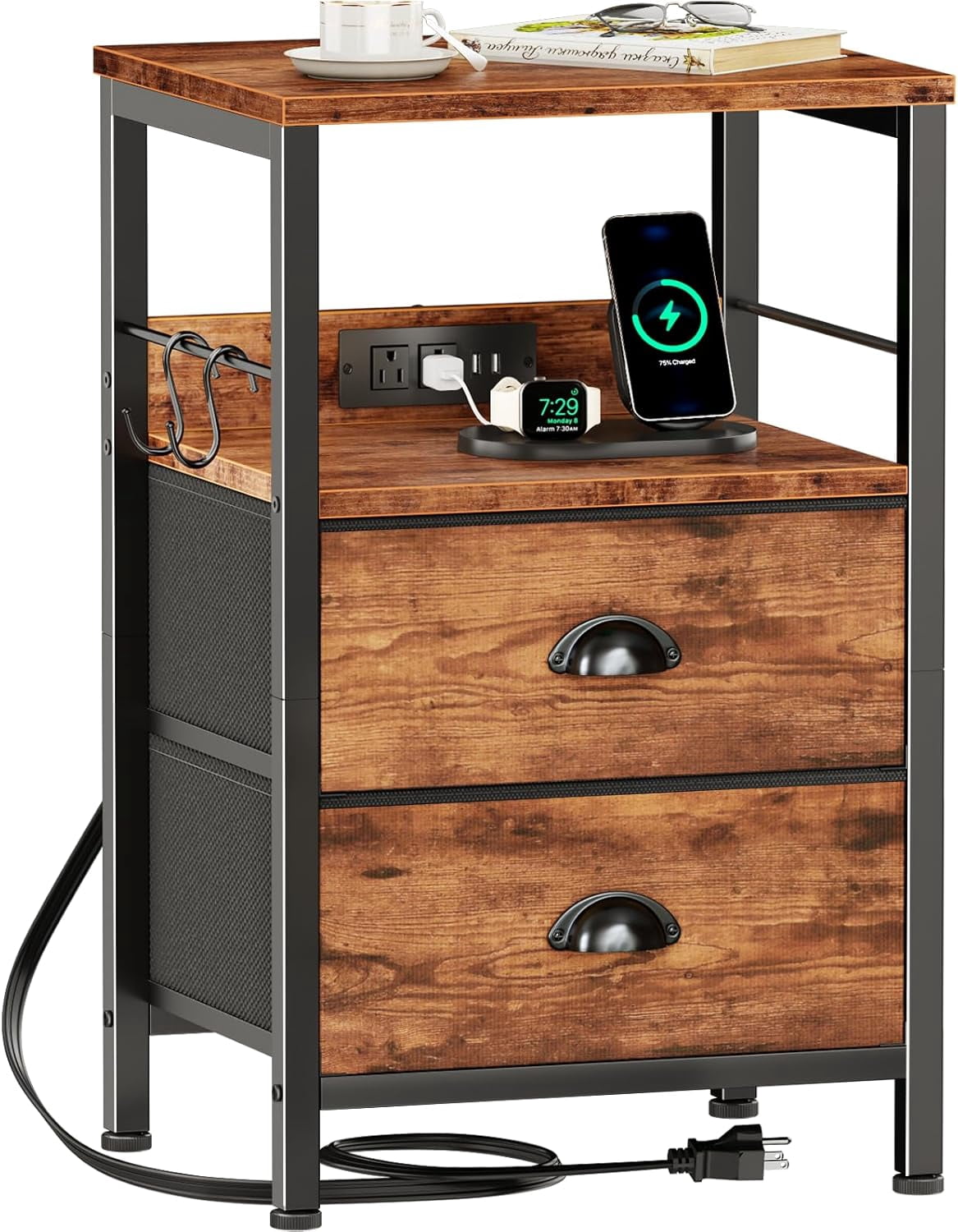 Furologee End Table with Charging Station, Nightstand with Fabric ...