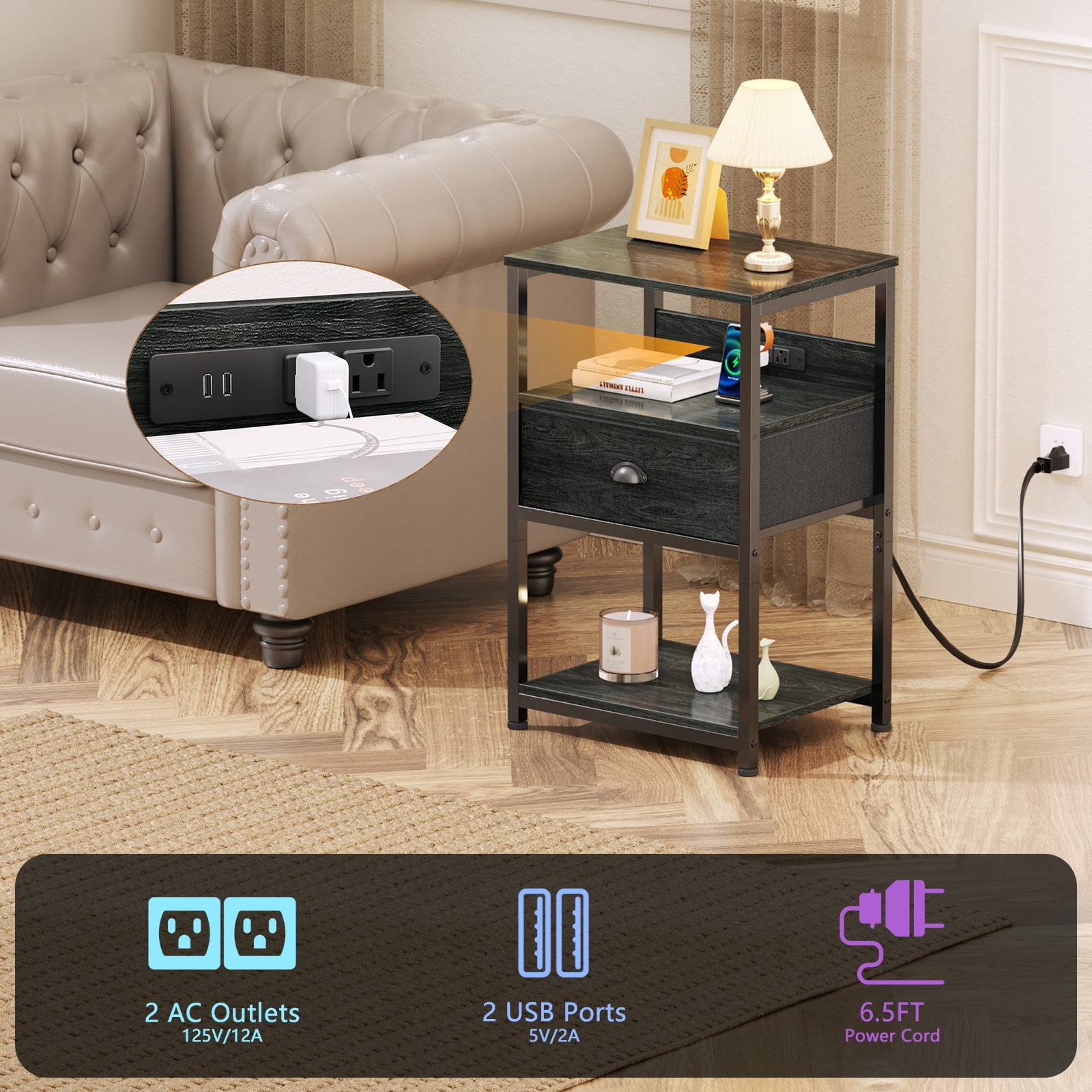 Furologee LED Nightstand, Bedside Table with USB Ports & Outlets ...
