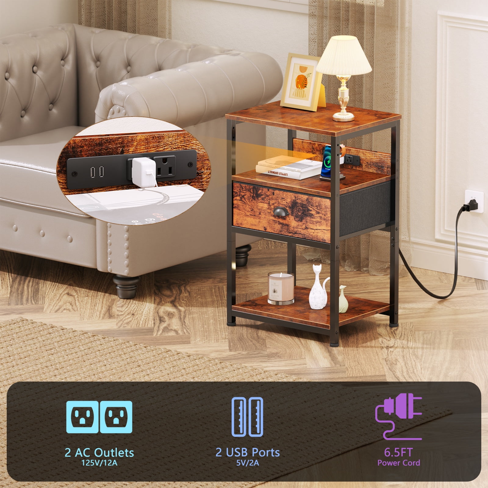 Furologee LED Nightstand with Charger, USB Ports & Outlets, Rustic ...