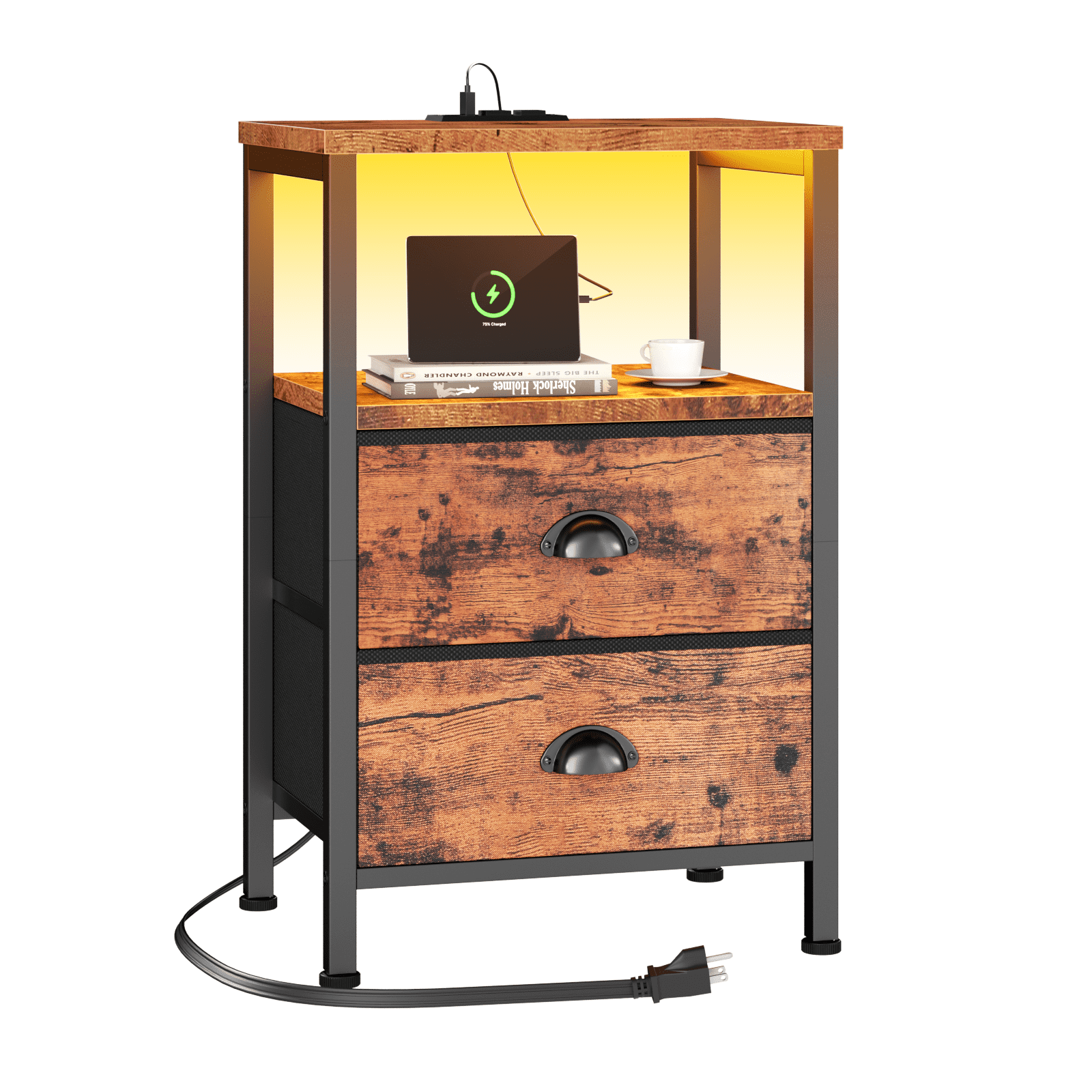 Furologee Nightstand with Charging Station, End Table with LED Lights ...