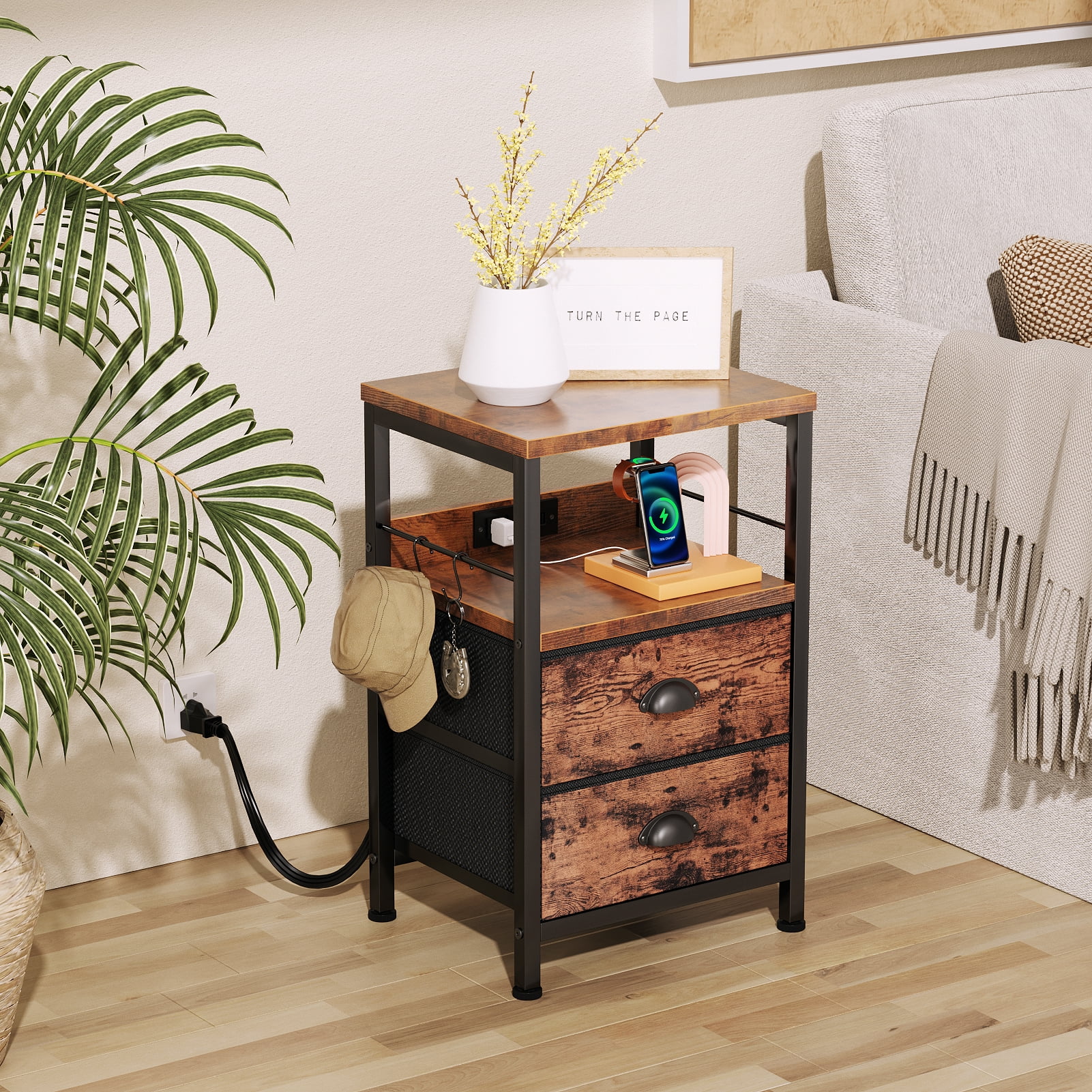 Free Shipping Furologee Nightstand with Charging Station Side Table with USB Ports Outlets Night Stand with Storage Shelf Hooks End Table with Fabric Drawers for Bedroom Living Room Rustic Brown