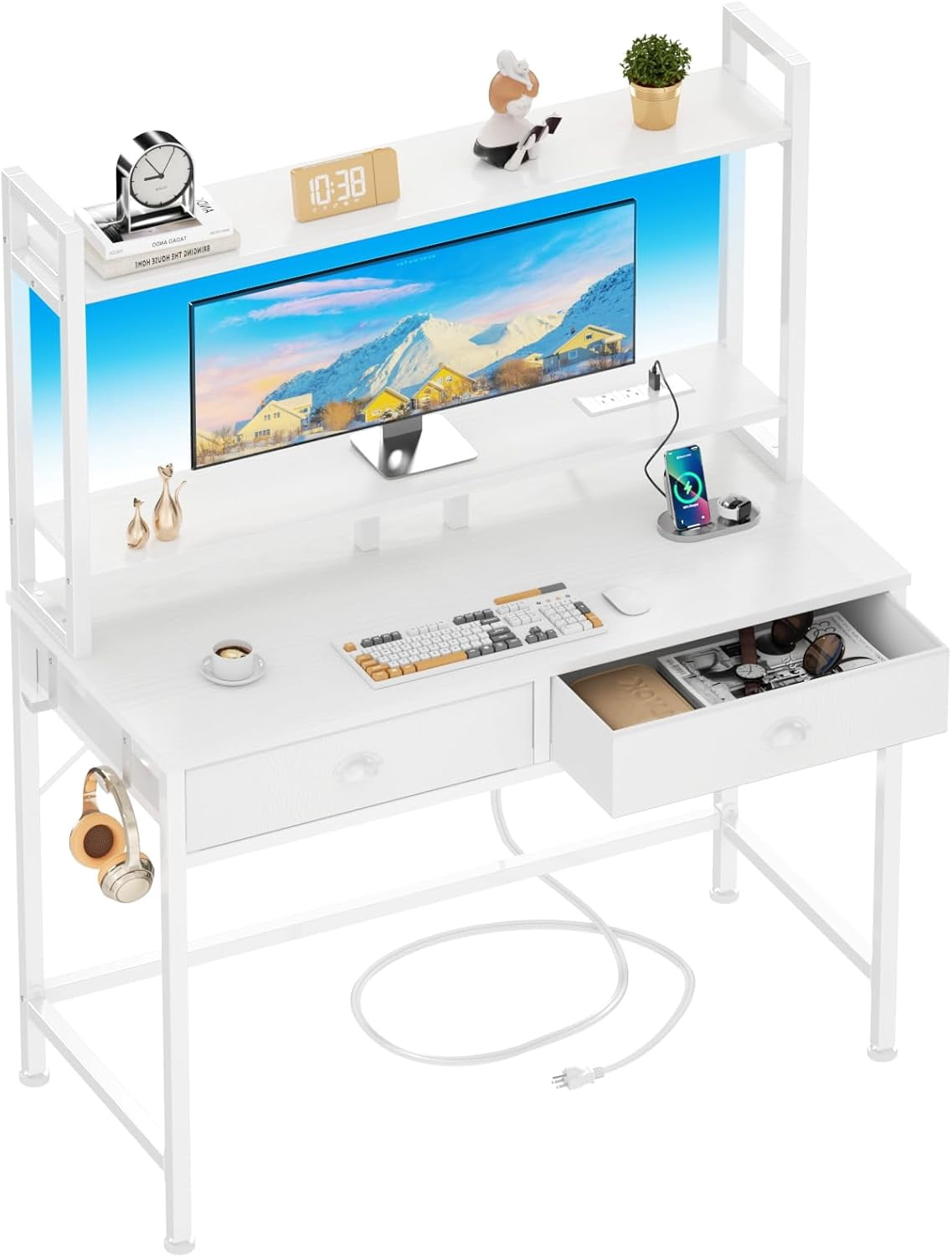 Furologee Small White Desk with Drawers, 40 Inch Home Office Computer ...