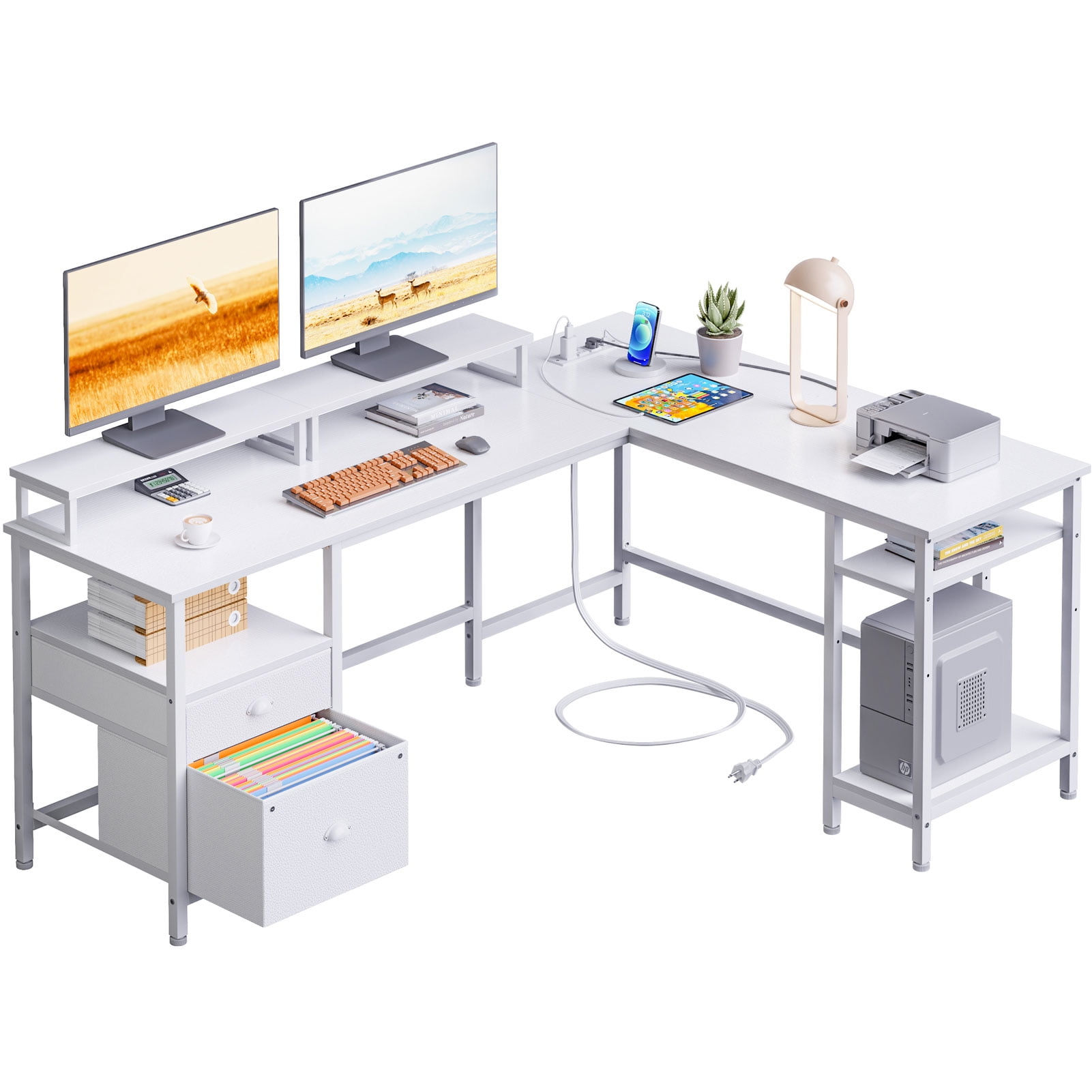 Furologee White 66" L Shaped Desk with Power Outlet, Reversible ...