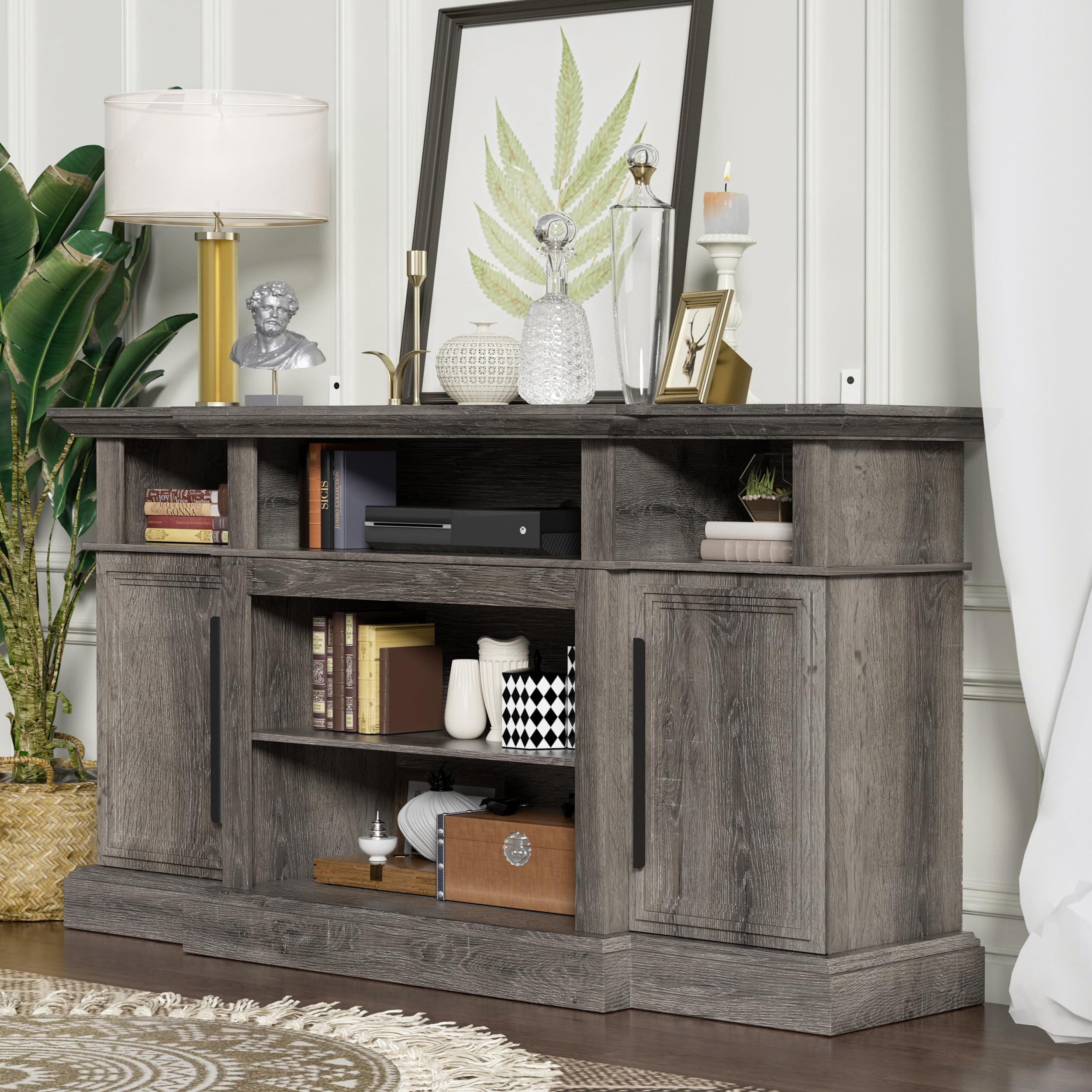 Furpezoo Gray TV Stand, Modern Farmhouse Classic Breakfront ...