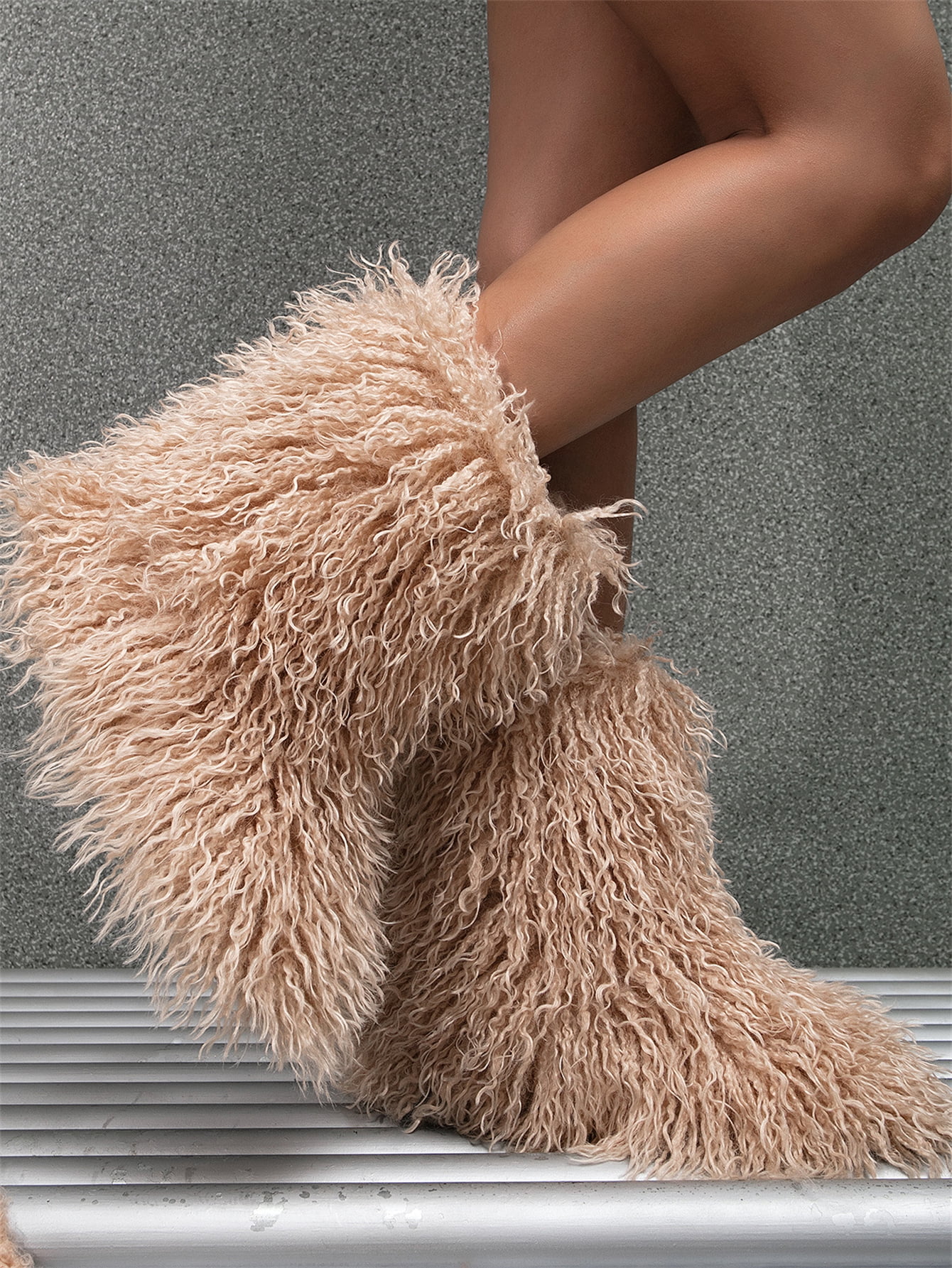 Furry Boots for Women Fuzzy Fluffy Snow Boot Faux Fur Colorful with Round Toe Water Resistant ...