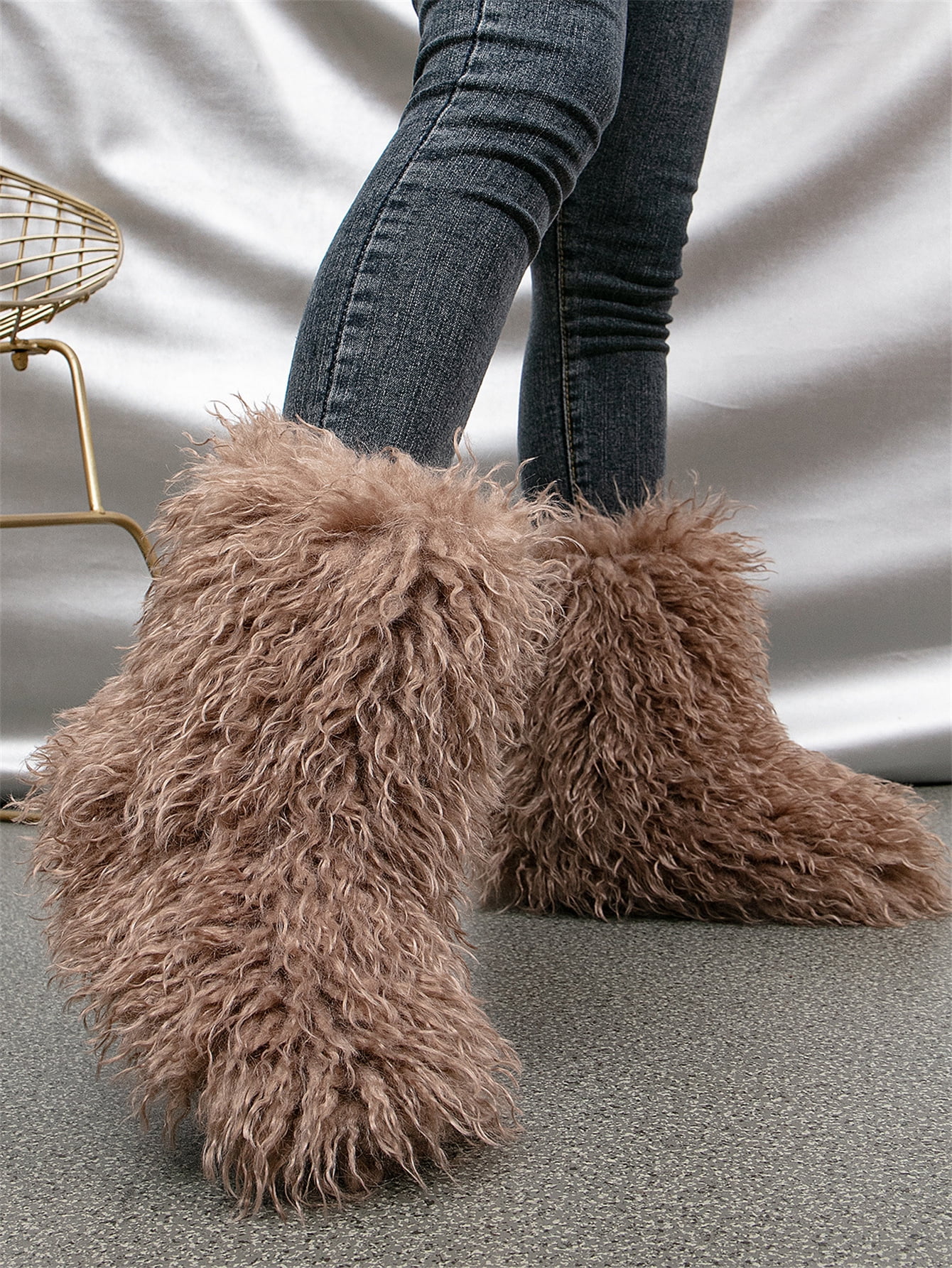 Furry Boots For Women Fuzzy Fluffy Snow Boot Faux Fur Colorful With Round Toe Water Resistant