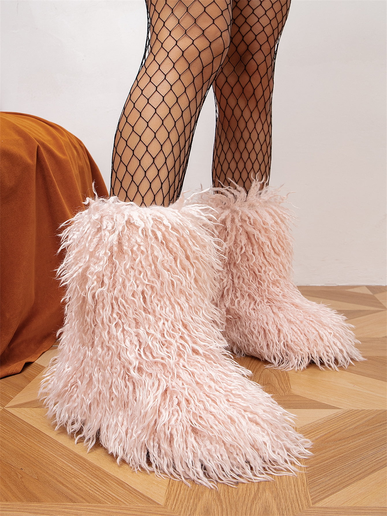 Furry Boots for Women Fuzzy Fluffy Snow Boot Faux Fur Colorful with Round Toe Water Resistant ...