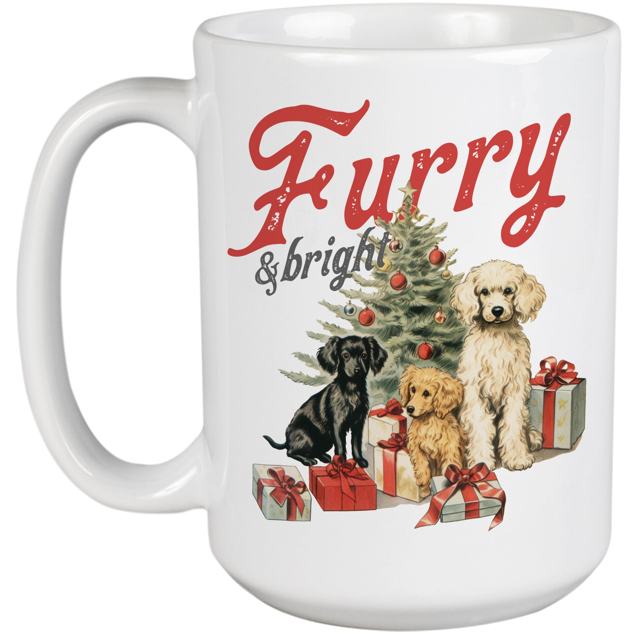 Furry & Bright with Vintage Christmas Tree, Dogs & Presents Art Merch ...