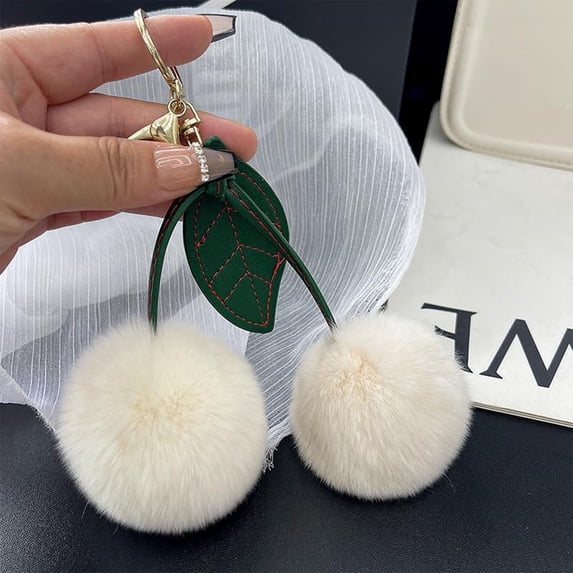 Furry Cherry Car Pendant, Wenini Soft Faux Rabbit Hair Keychain 3D ...