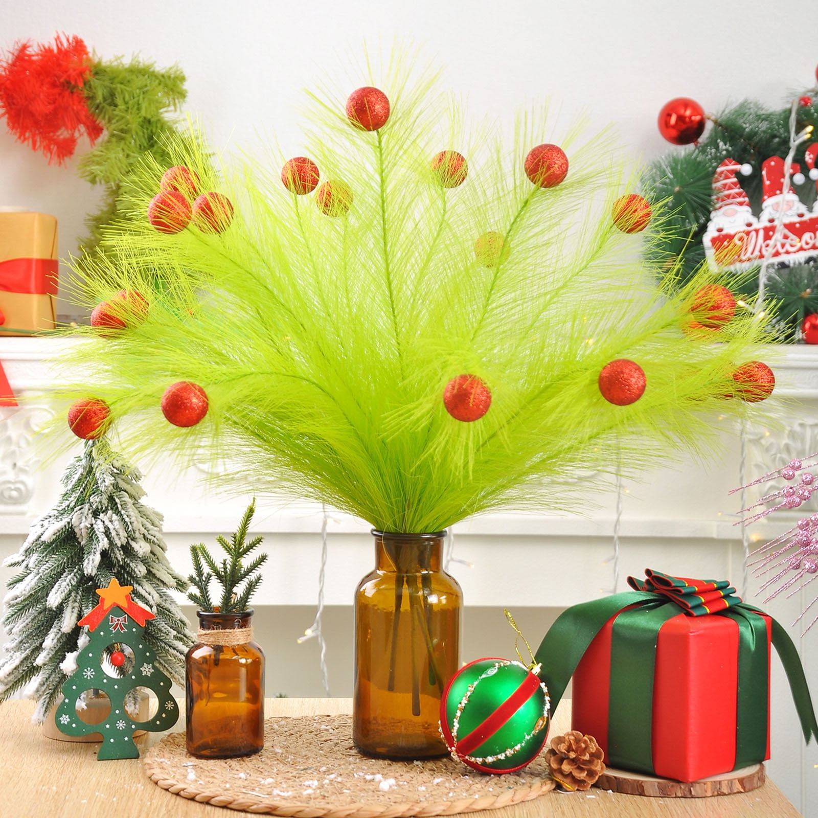 Furry Christmas Tree Picks with Red Balls | Curly s Holiday Decorations ...