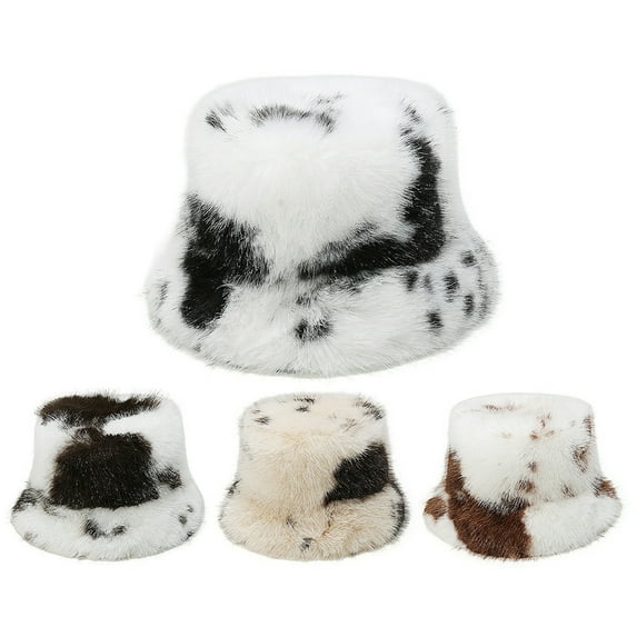 Furry Cow Hat, Soft Plush Cow Print Bucket Cap, Fun & Cozy Winter ...