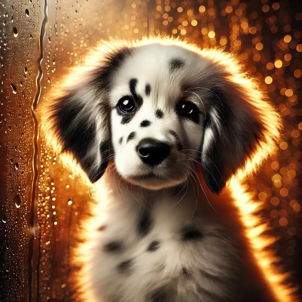 Furry Dalmatian dogs and puppies sit behind rain-dwindle Windows with ...