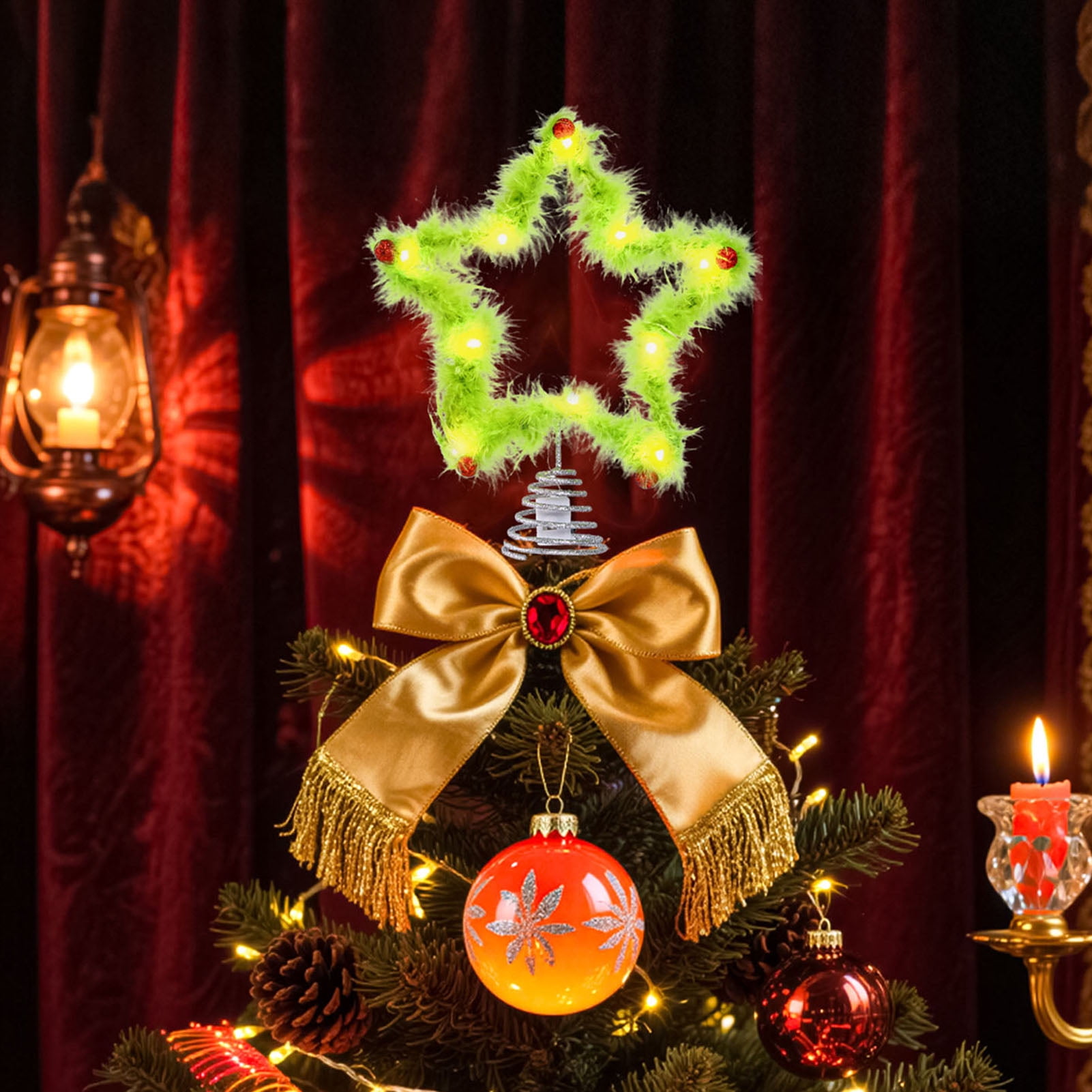 Furry Green Elf Tree Top Star 3D Plush Faux Fur Star Christmas Treetop ...