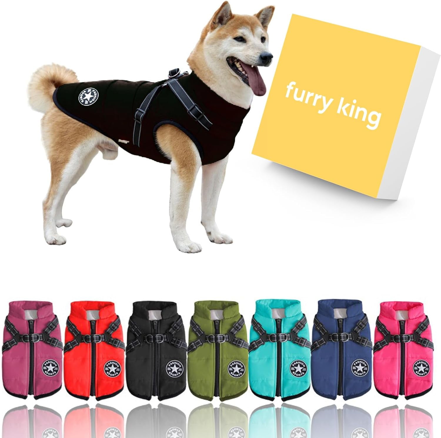 Furry King Dog Winter Coat with Harness, 7 Colors, Waterproof, Fleece ...