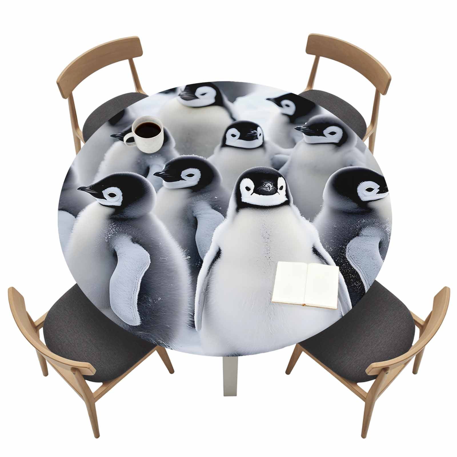 Furry Penguins Round Fitted Tablecloth with Elastic Edge Cute Winter ...
