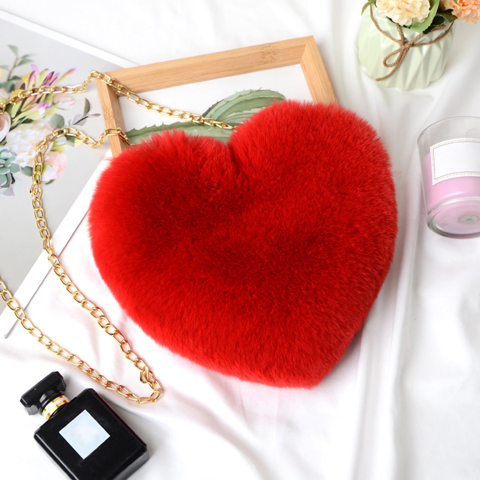 Furry Purse for Girls,Red Heart Shaped Fluffy Faux Fur Handbag for ...