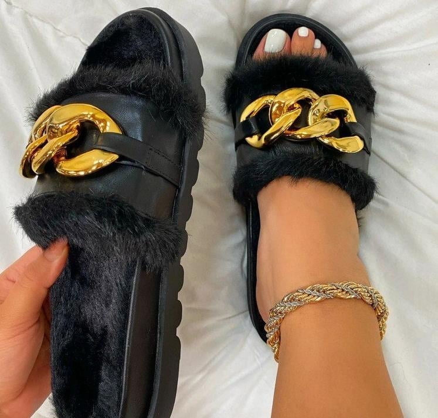 Furry Slides Gold Chain Plush Slippers Flip Flops Faux Platform Cozy ...