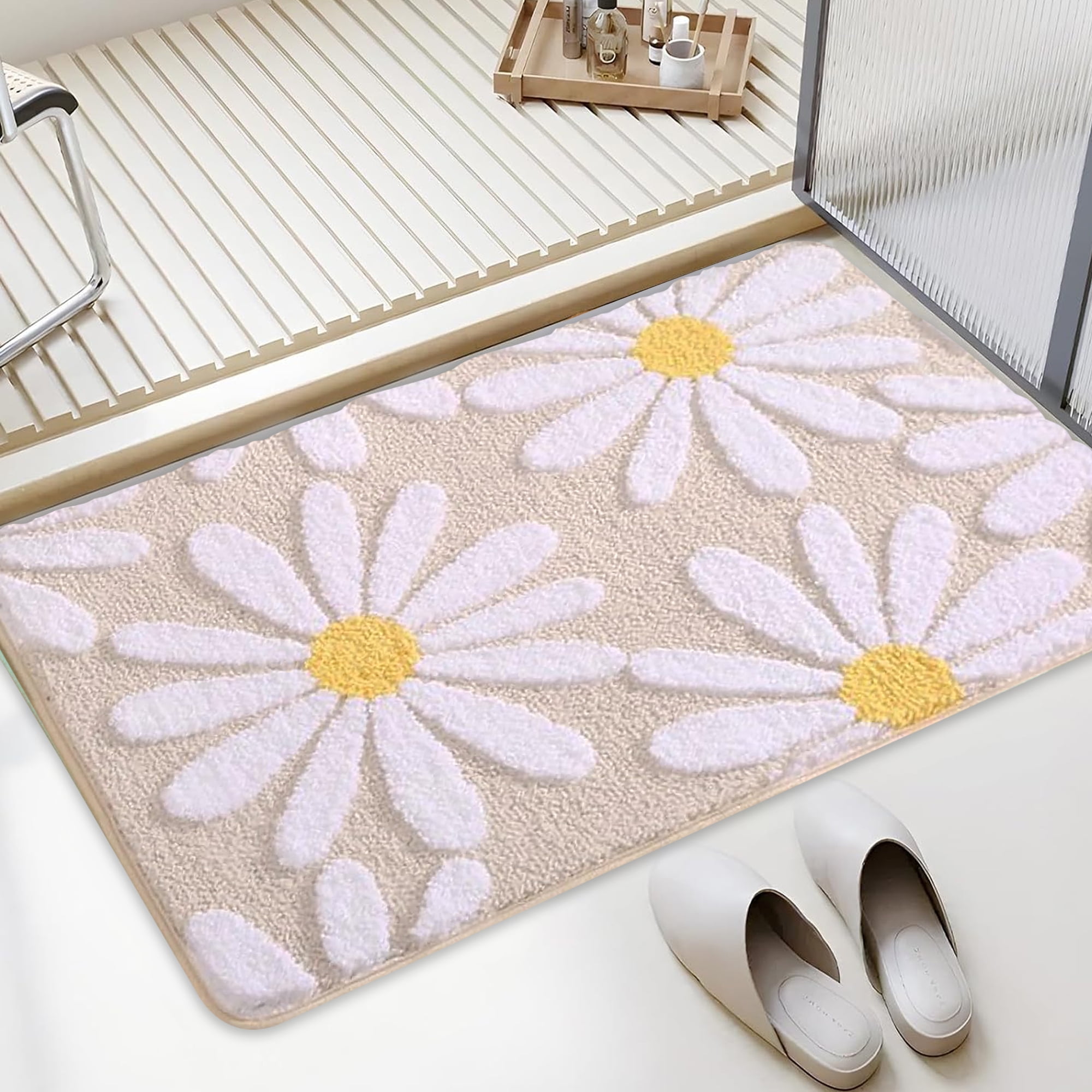 Furrygo Beige Bathroom Rugs Cute Daisy Bath Mat White and Yellow Flower ...