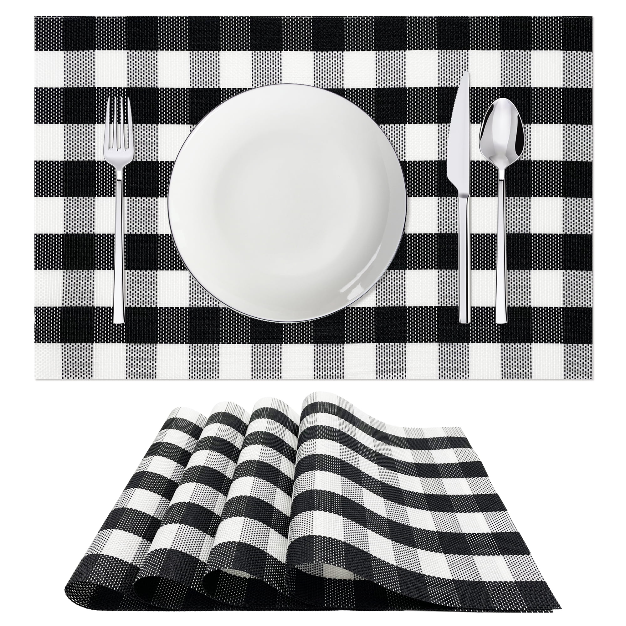 Furrygo Black and White Buffalo Plaid Placemats Set of 4, PVC Checkered ...