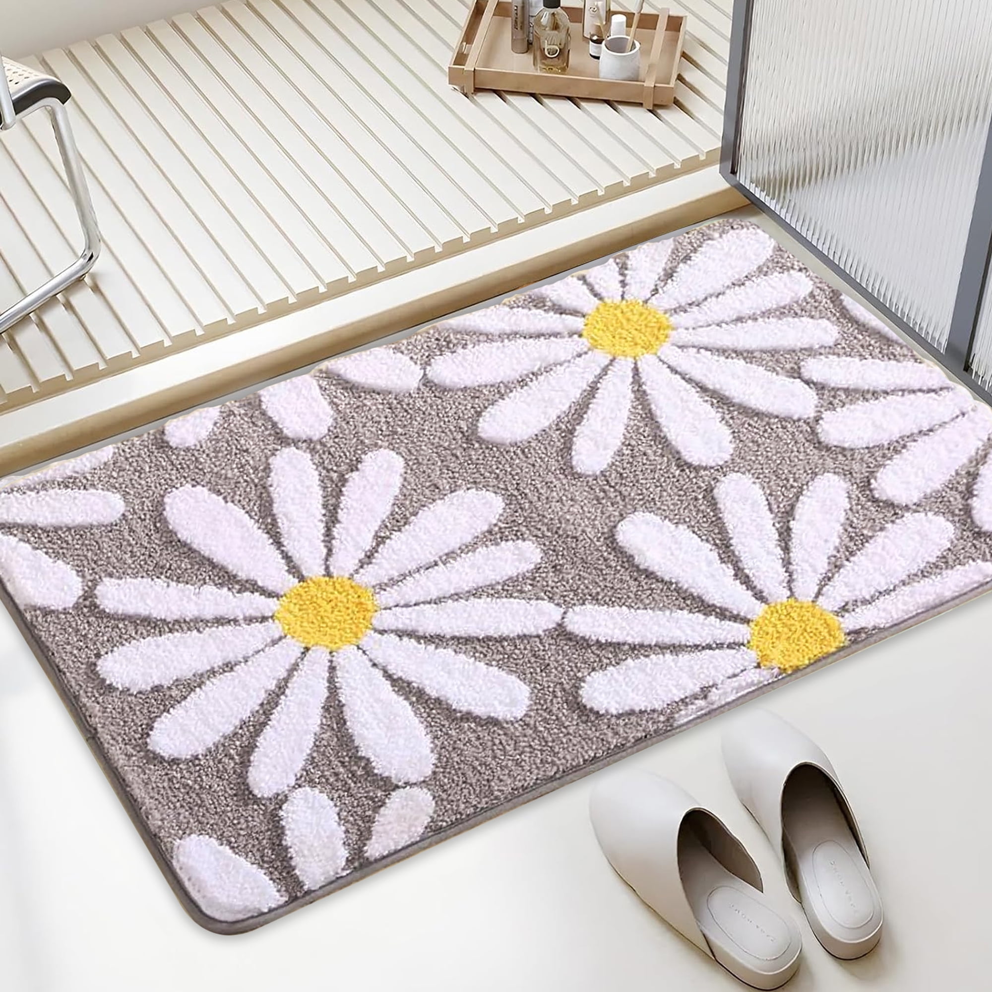 Furrygo Gray Bathroom Rugs Cute Daisy Bath Mat White and Yellow Flower ...