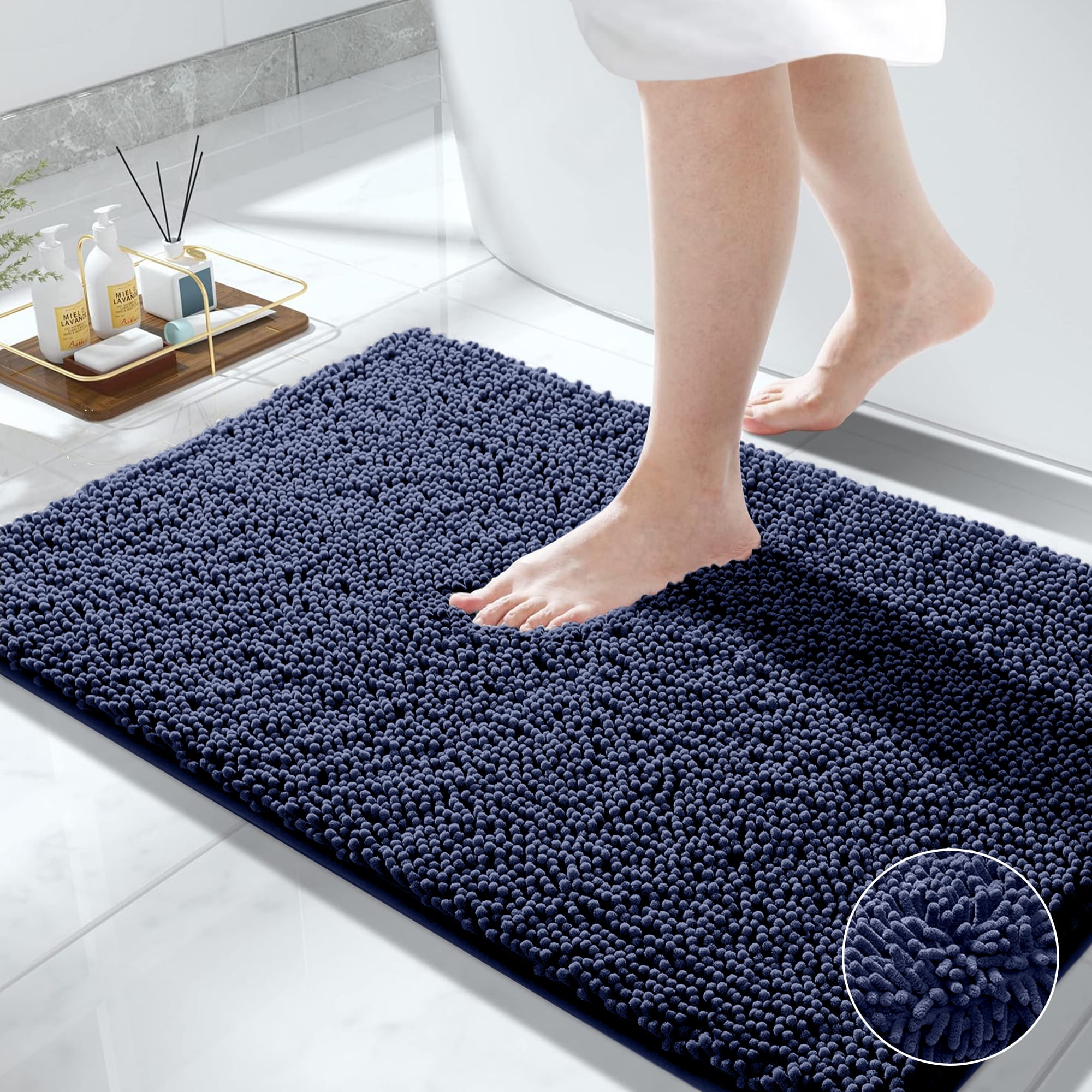 Furrygo Navy Chenille Bathroom Rugs, Thick Soft Absorbent Bath Rugs ...