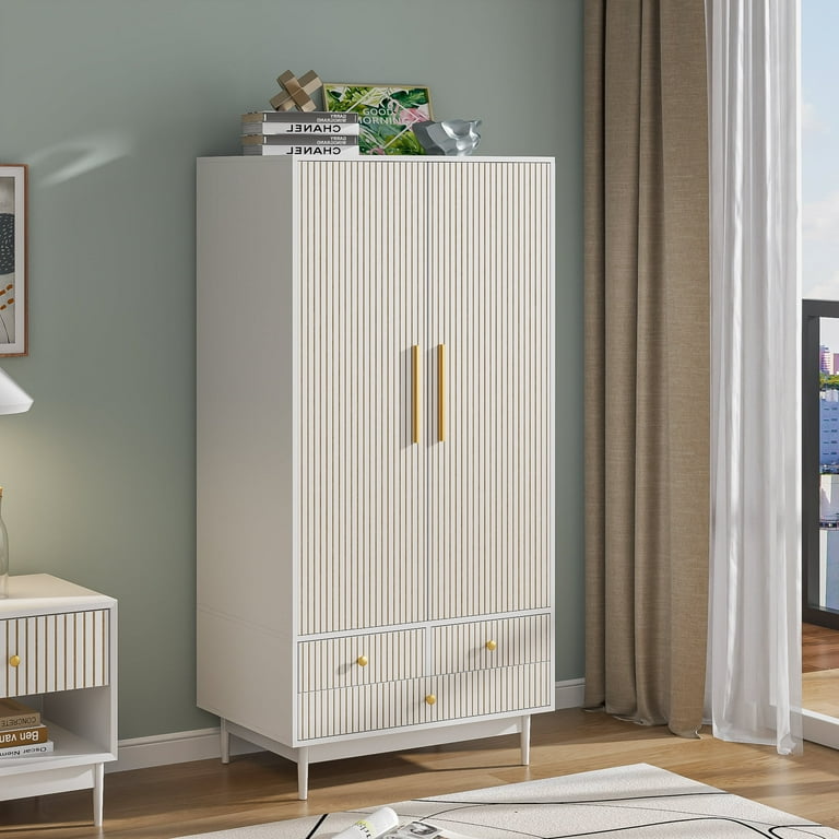 Armoire Wardrobe Closet with 2 Doors Wardrobe Cabinet with Hanging Rod and Drawers Wooden Closet for Bedroom White