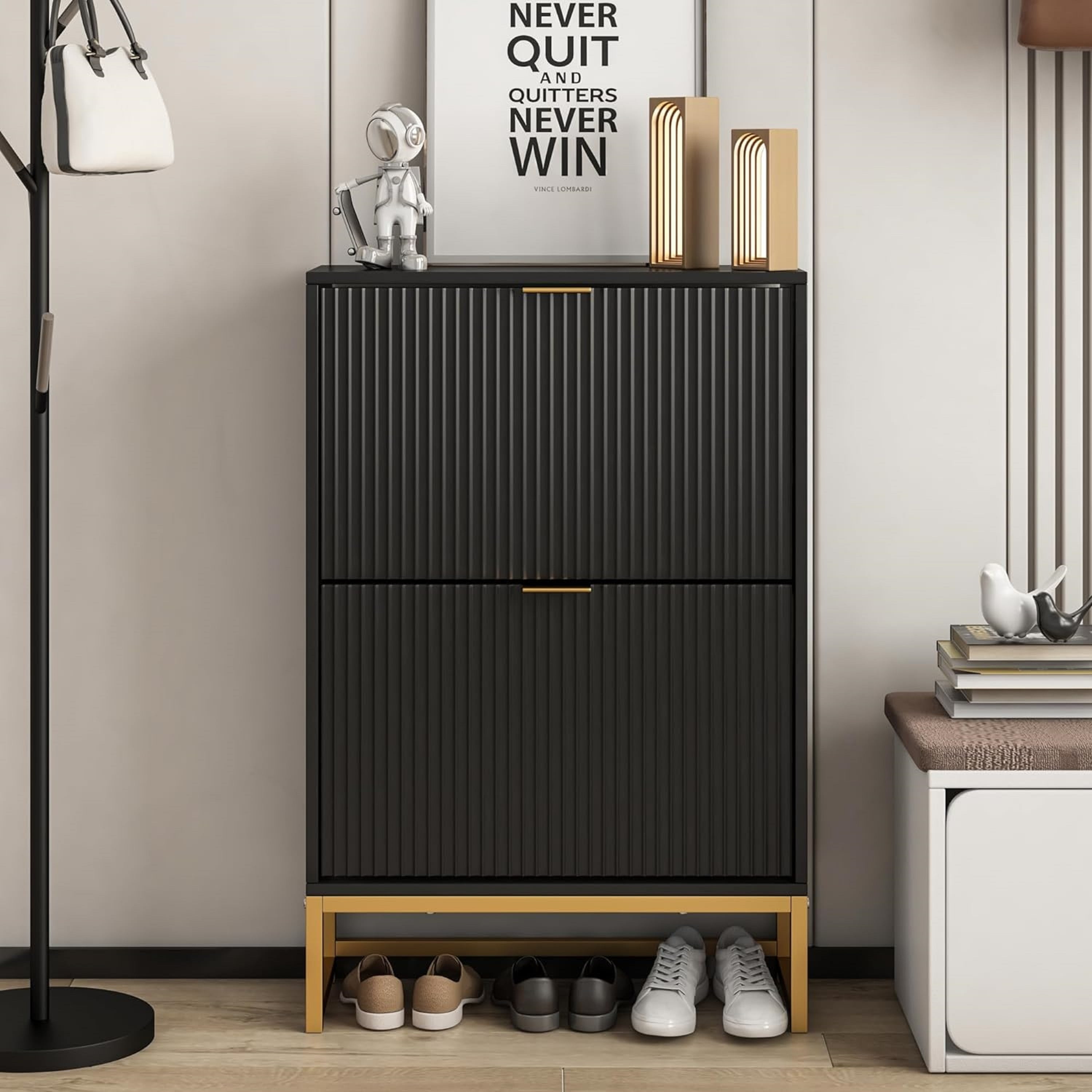 Furtivusia Flip Drawer Shoe Cabinet, Slim Shoe Cabinet with Metal Base ...