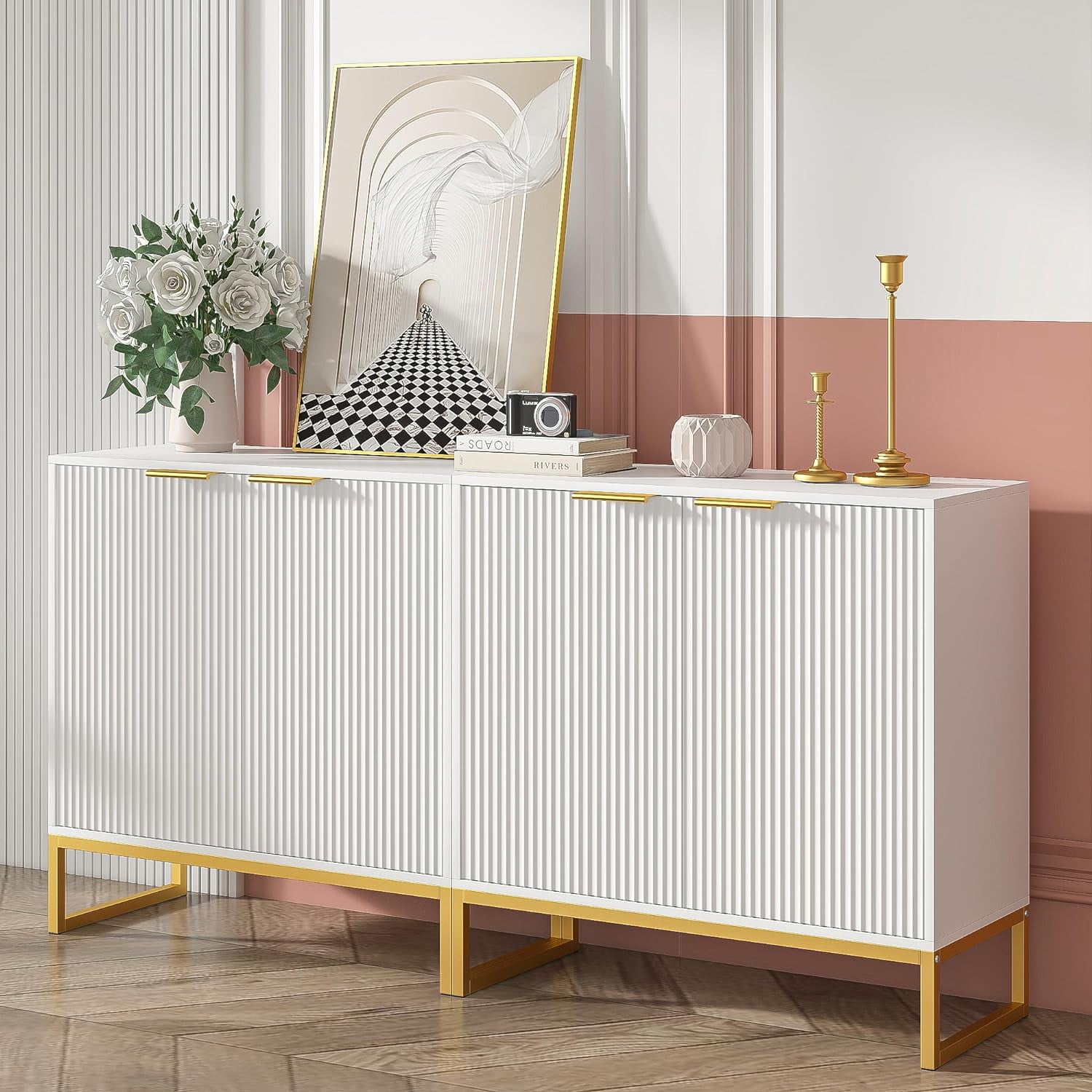 Furtivusia Fluted Sideboard Set of 2, Wooden Storage Cabinet, White ...