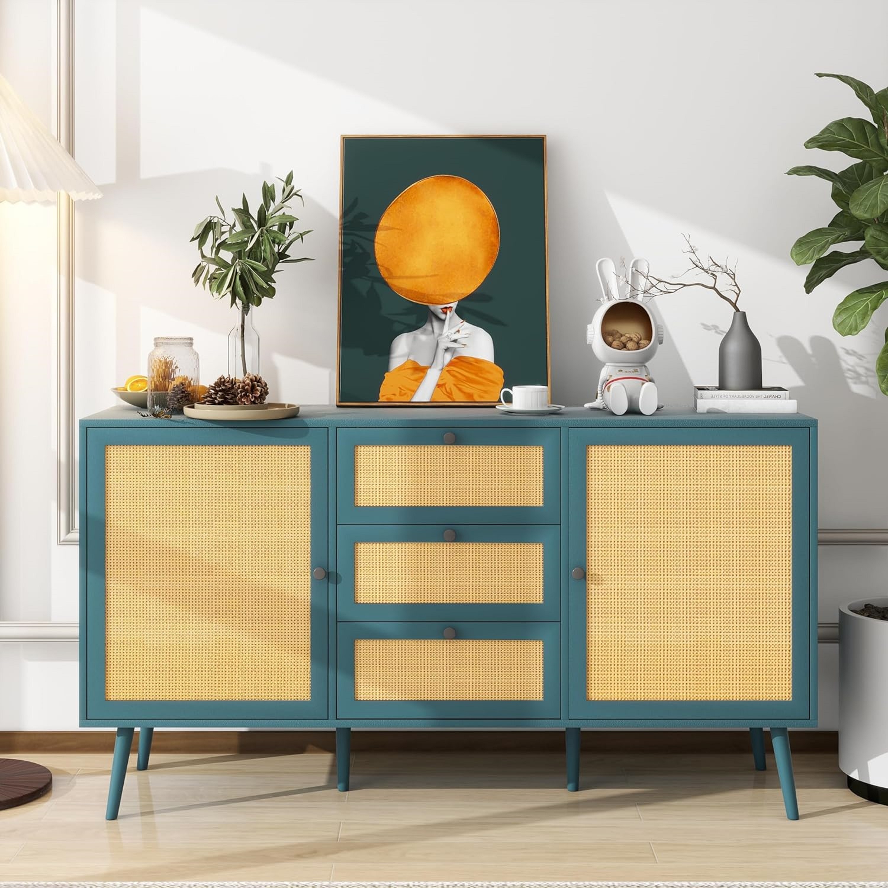 Furtivusia Rattan Sideboard Buffet, Storage Cabinet with 2 Doors & 3 ...