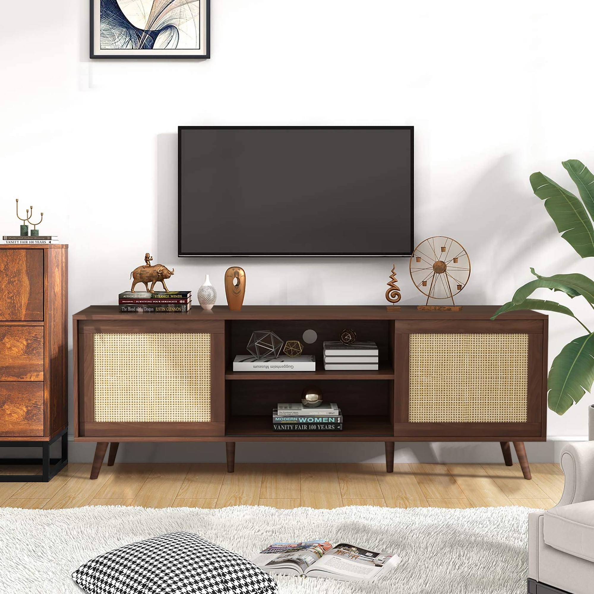 Furtivusia Rattan TV Cabinet for 65 inch TV, Modern Media Stand with ...