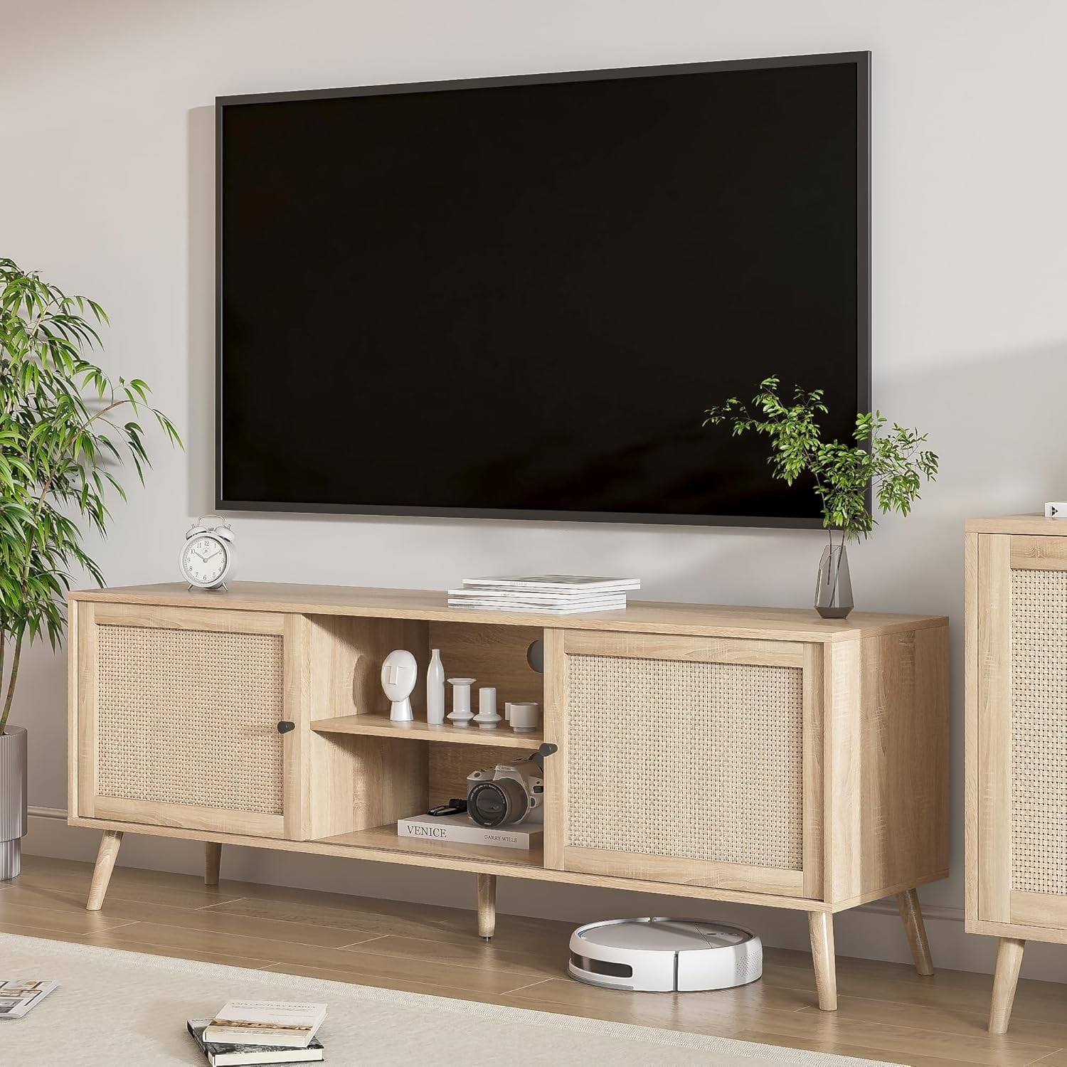 Rattan TV Stand for 65 Inch TV Boho Media Console with Sliding Doors Modern TV Cabinet Entertainment Center for Living Room Wood