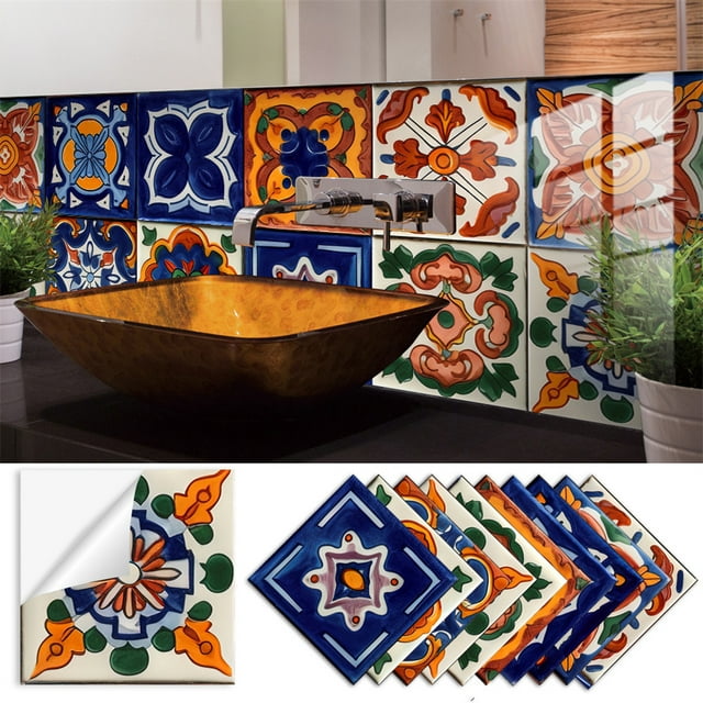 Furvclv 10pcs PVC Mexican Tile Stickers Detachable Waterproof Self ...