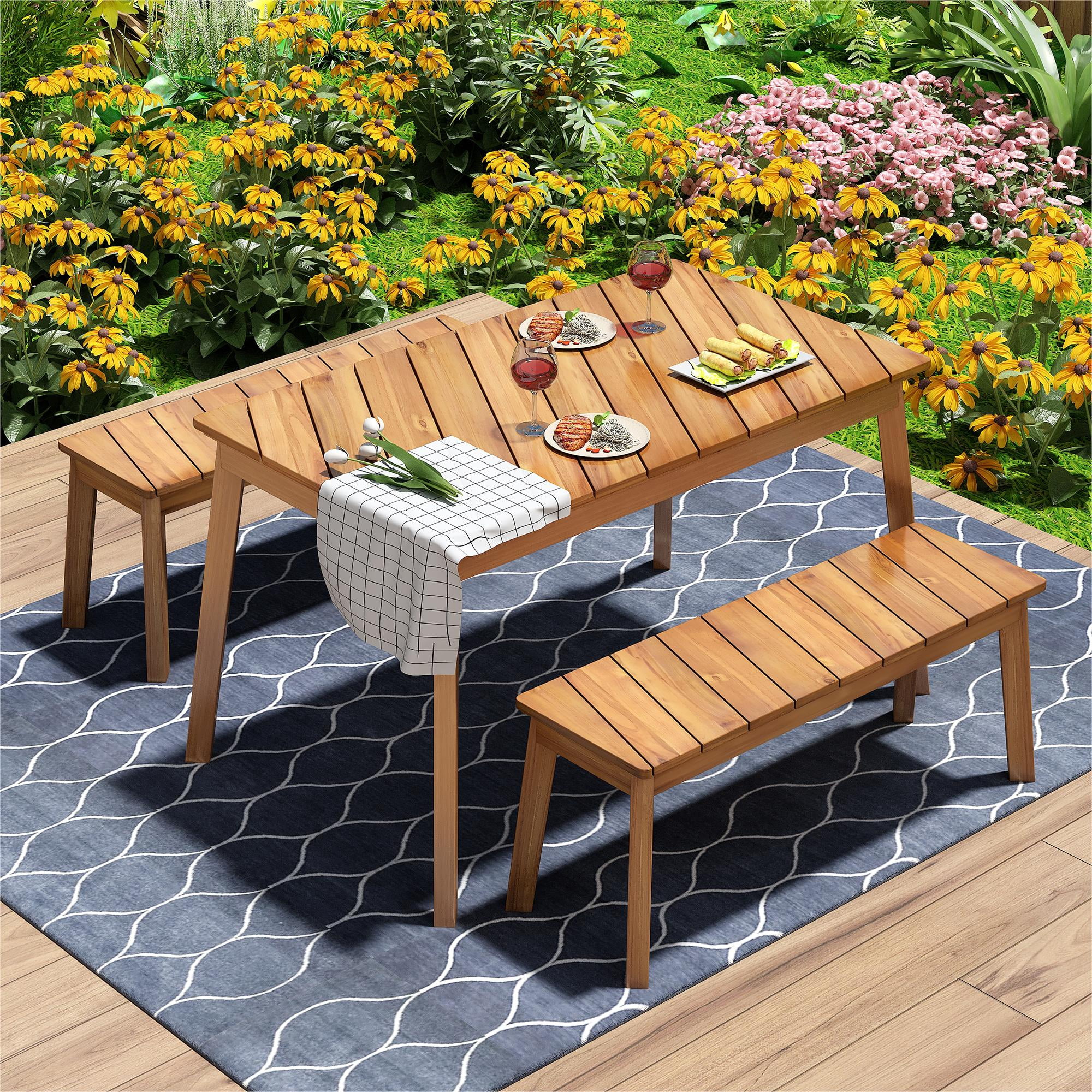 Furvclv 3 Pieces Acacia Wood Table Bench Dining Set, Patio Furniture ...