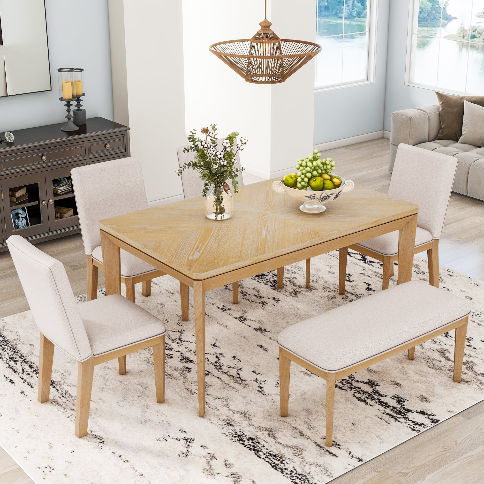 Furvclv 6-Piece Dining Set With Bench, 4 Upholstered Dining Chairs ...