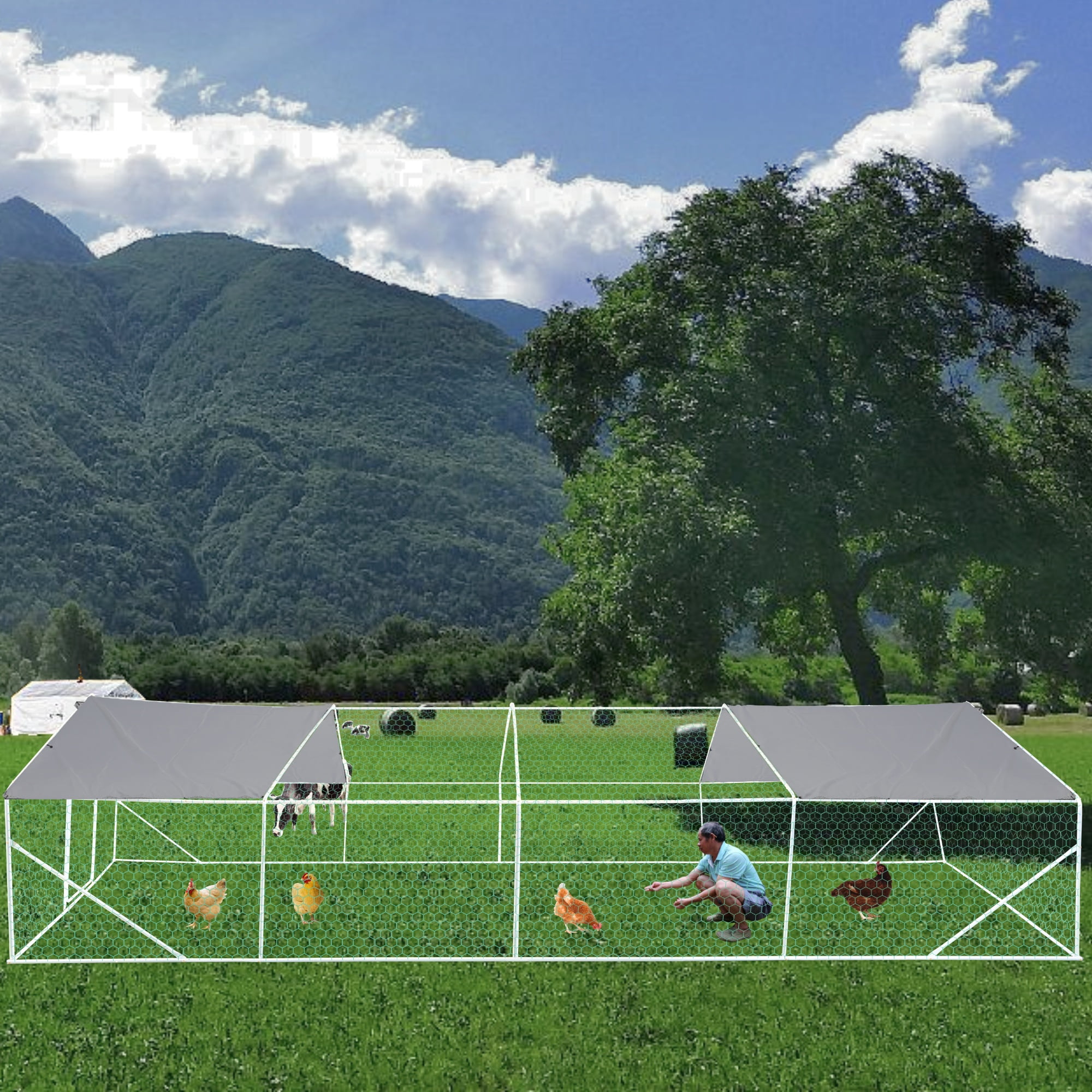 Furvclv Chicken Coop, 26x10x6FT Large Metal Walk-in Chicken Runs, Spire ...