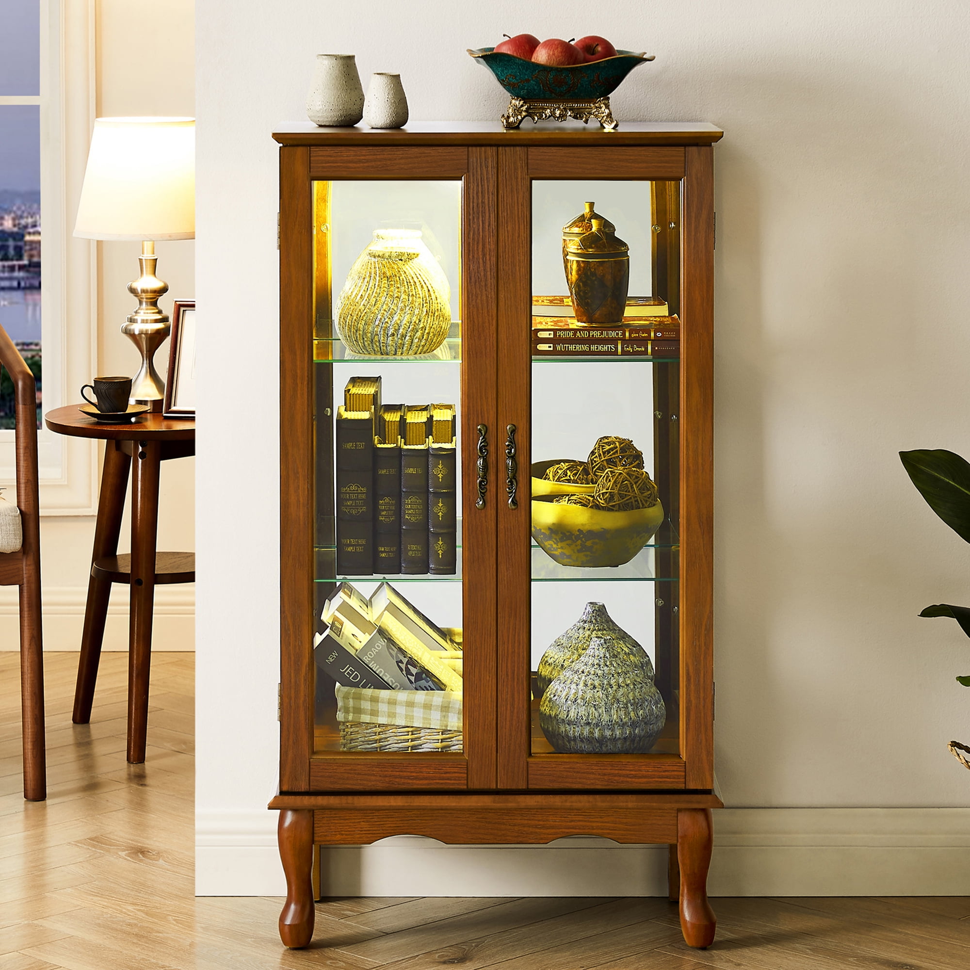 Furvclv Display Cabinet With Adjustable Shelves Mirrored Back Panel ...