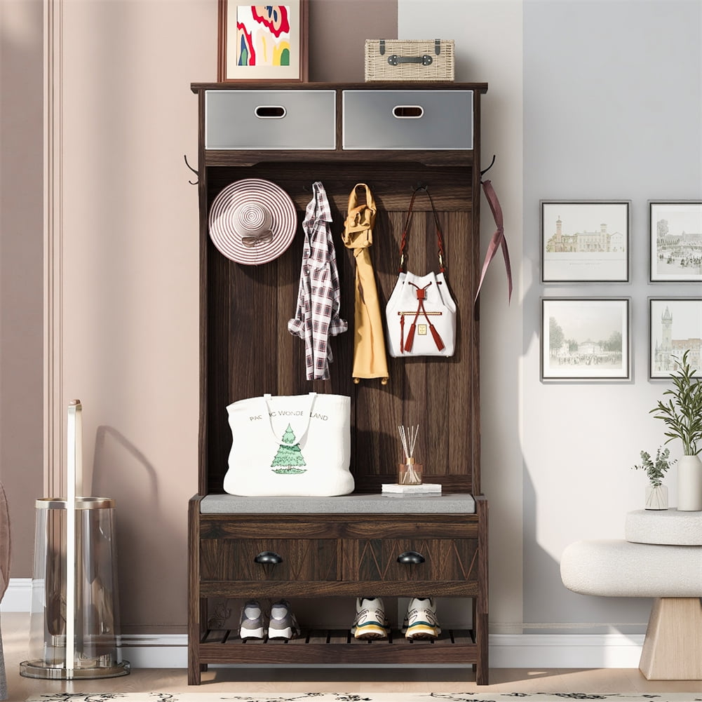 Furvclv Entryway Hall Tree With Upholstered Bench And Shoe Storage, 69 ...