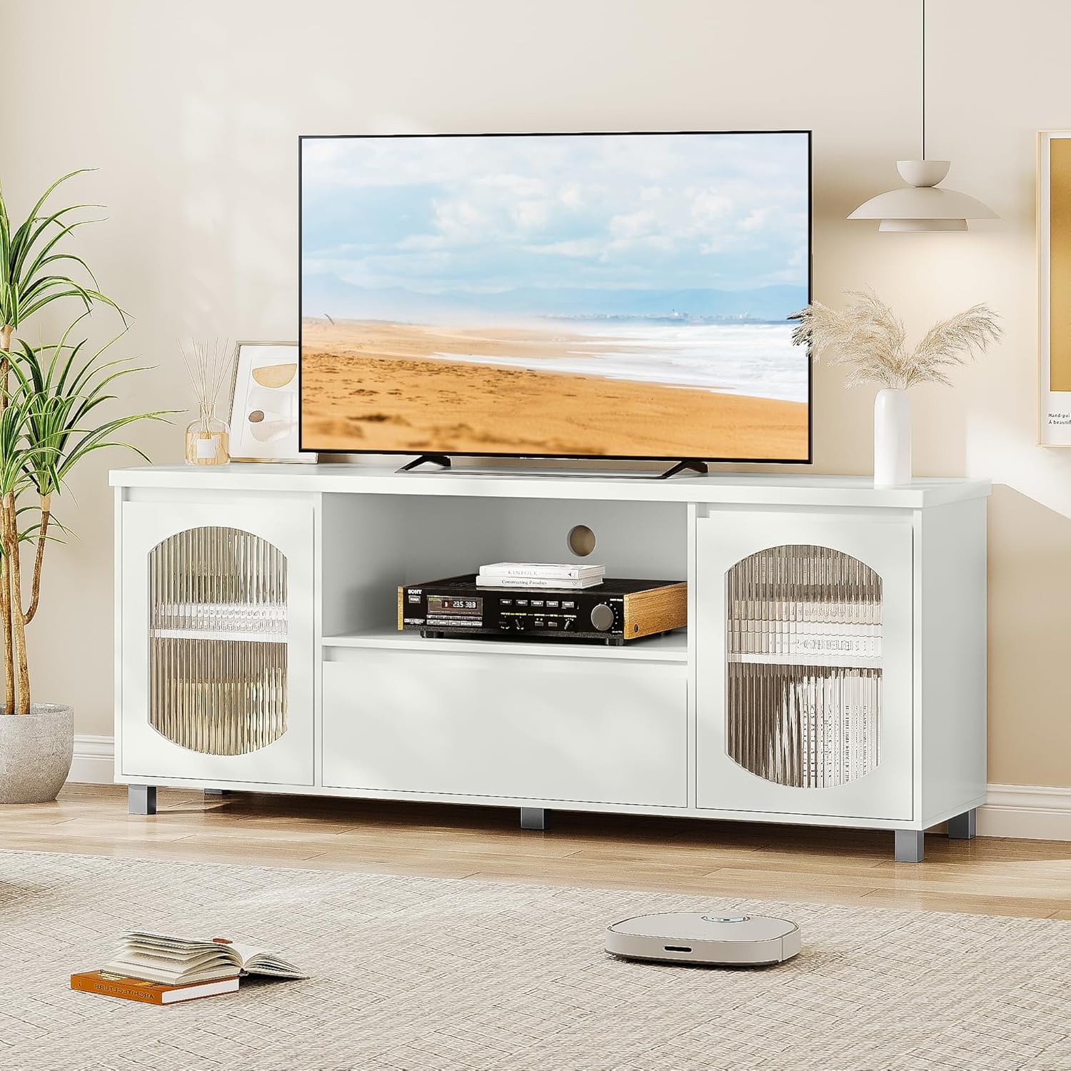 Furvclv Modern TV Stand for 65 Inch TV, TV Cabinet with Fluted Glass Door and Open Shelve, TV ...