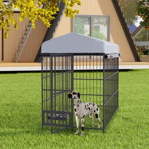 Furvclv Outdoor Large Dog Kennel With 2 Bowls, Metal Dog Cage With ...