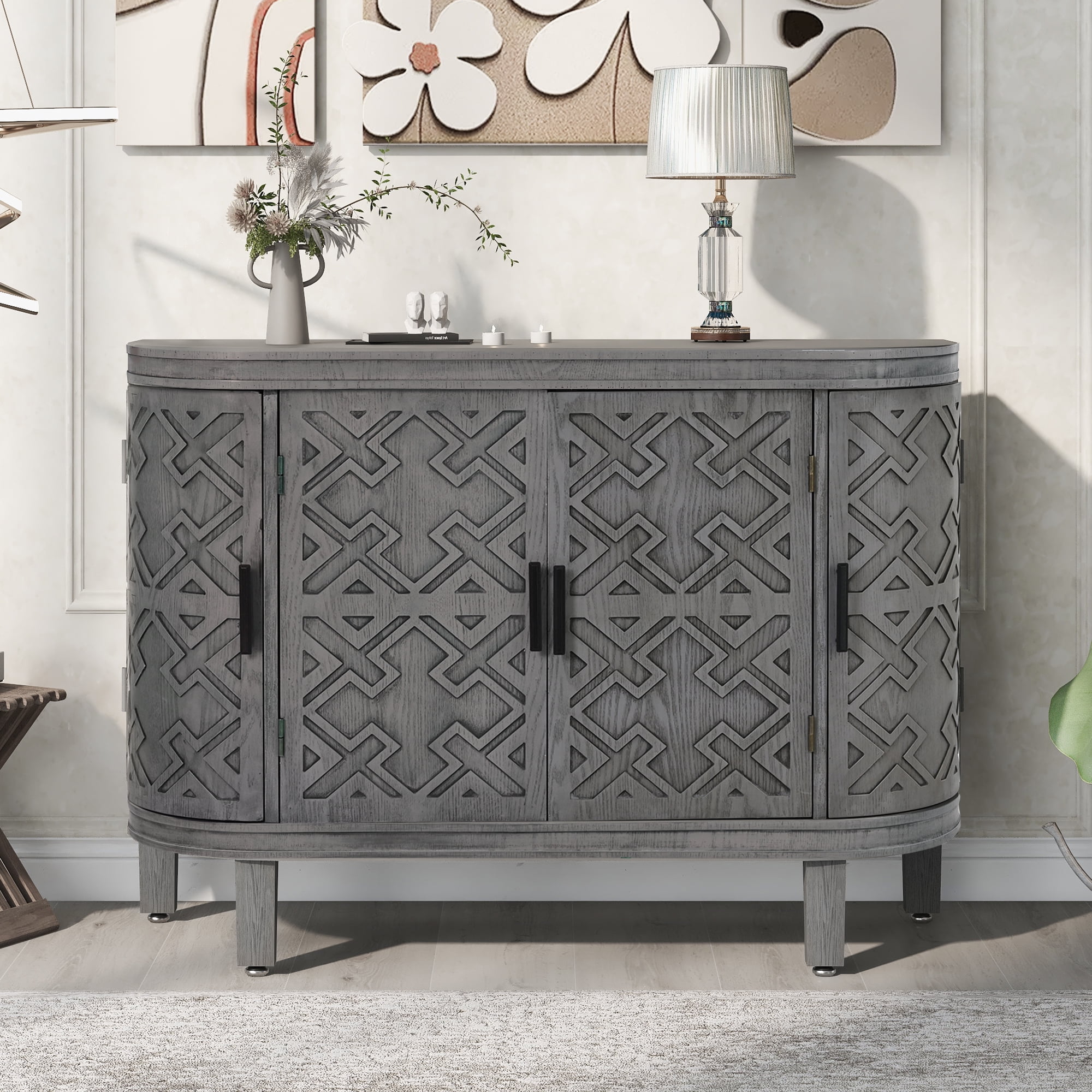 Furvclv U Shape Accent Storage Cabinet With Antique Pattern Doors ...