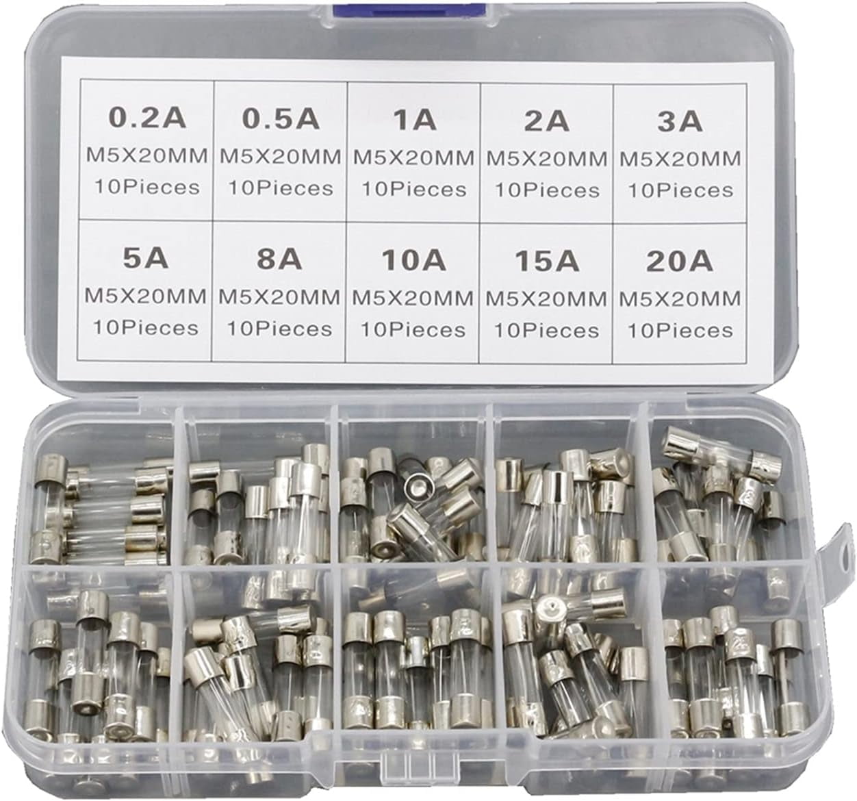 Fuse 100 Pcs 5x20mm Quick Blow Glass Tube Fuse Assorted Kits Fast-Blow Glass Fuses 0.2A 0.5A 1A ...