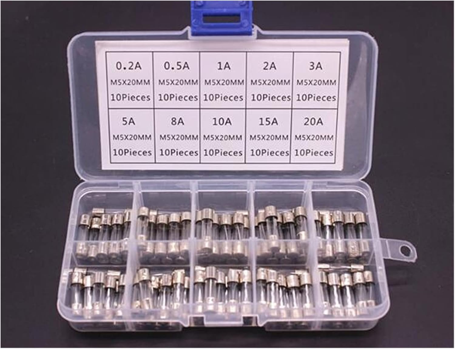 Fuse 100Pcs Set 5x20mm Quick Blow Glass Tube Fuse Assorted Kits Fast-Blow Glass Fuses 10A-20A ...