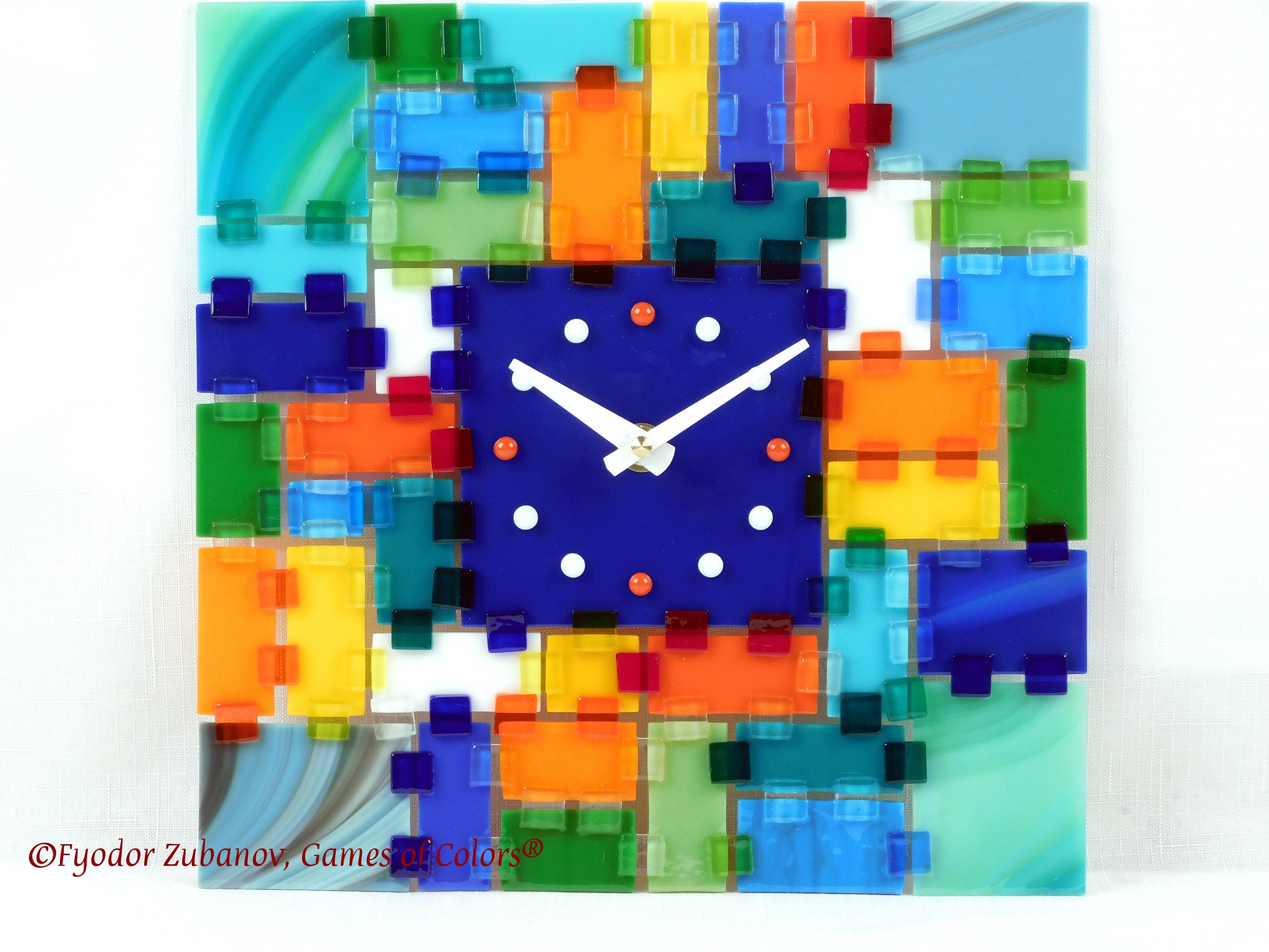 Fused Glass 10 x 10 Wall Clock Rectangular Fantasy - Blue center ...