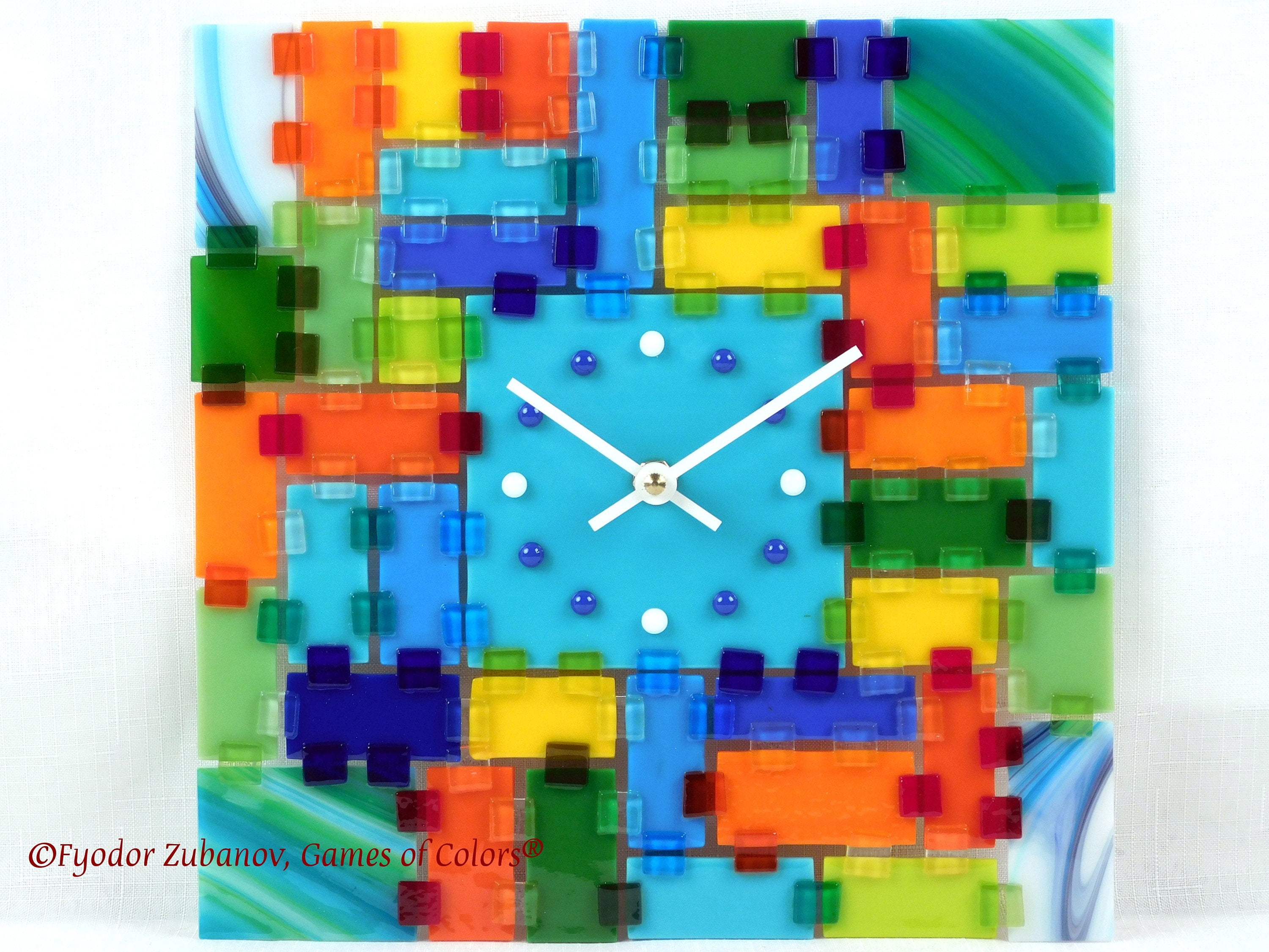 Fused Glass Wall Clock Rectangular Fantasy - Morning Dew. Atomic ...