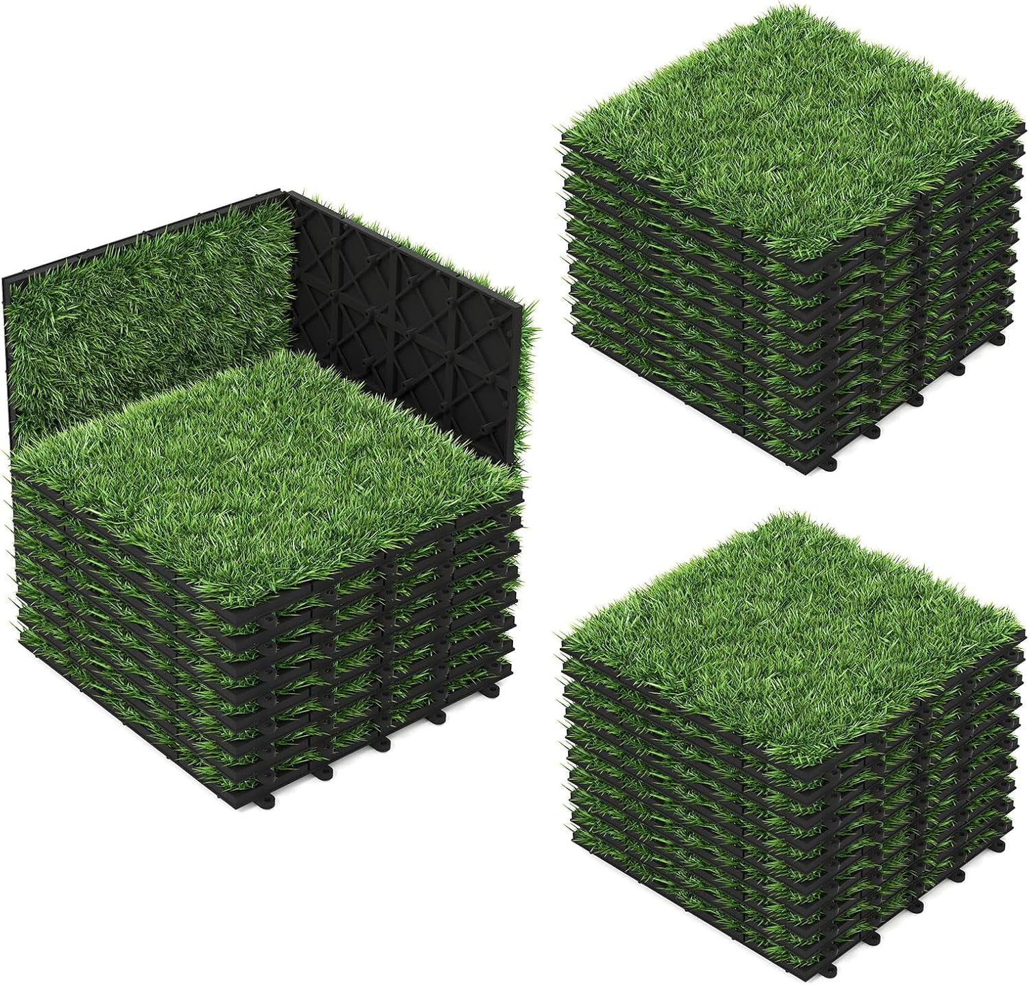 Fusion 12” x 12” Artificial Grass Tiles, Pack of 30 Fake Grass Turf ...
