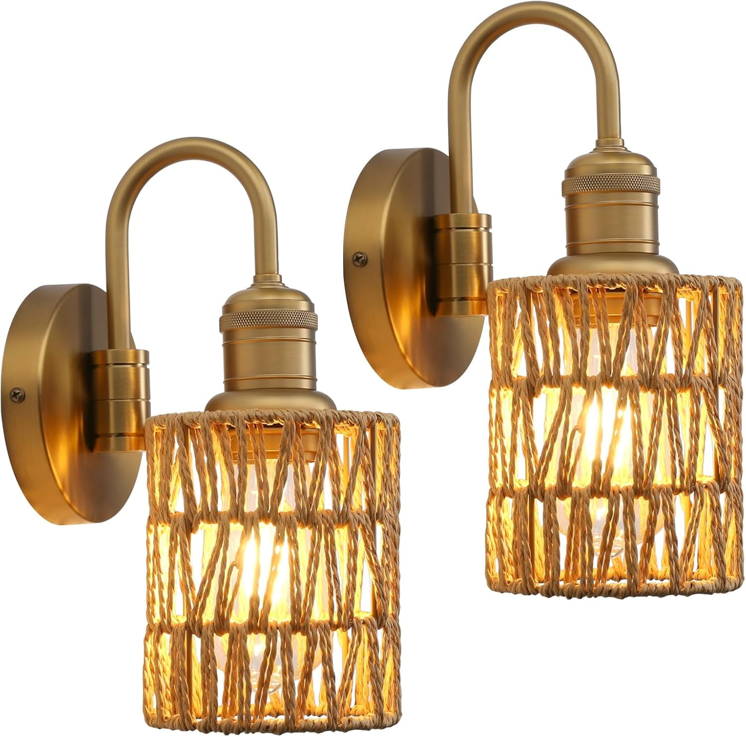 Fusion Gooseneck Sconces Wall Decor Set of 2 with Rattan Shade, Boho ...