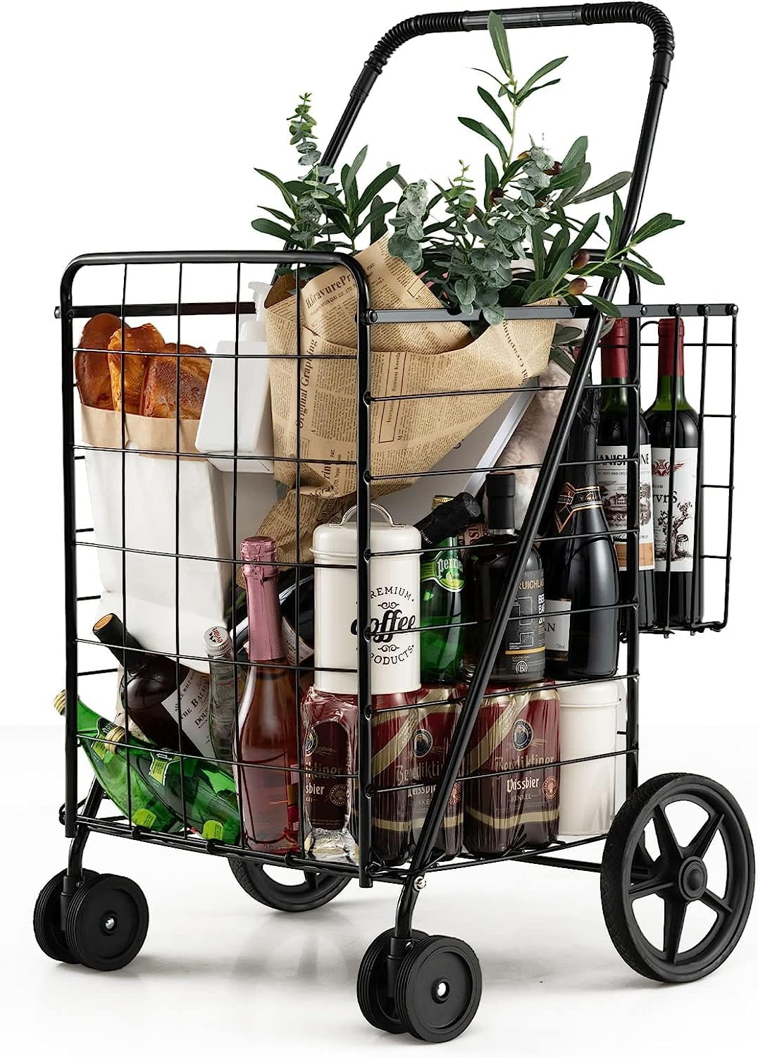 Fusion Jumbo Folding Shopping Cart with Rolling Swivel Wheels, Foldable ...